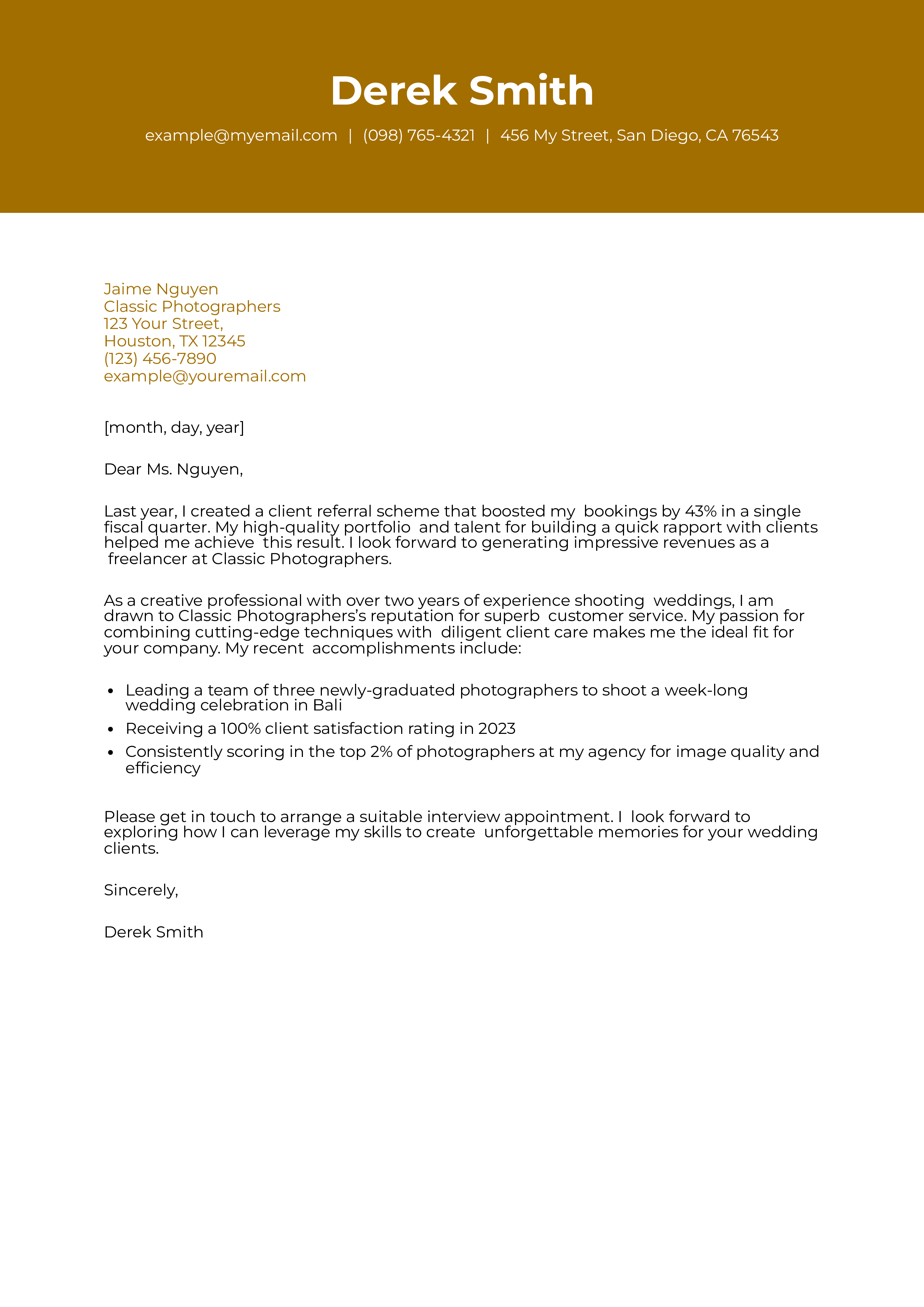 Photographer Cover Letter Examples and Templates for 2024 ...