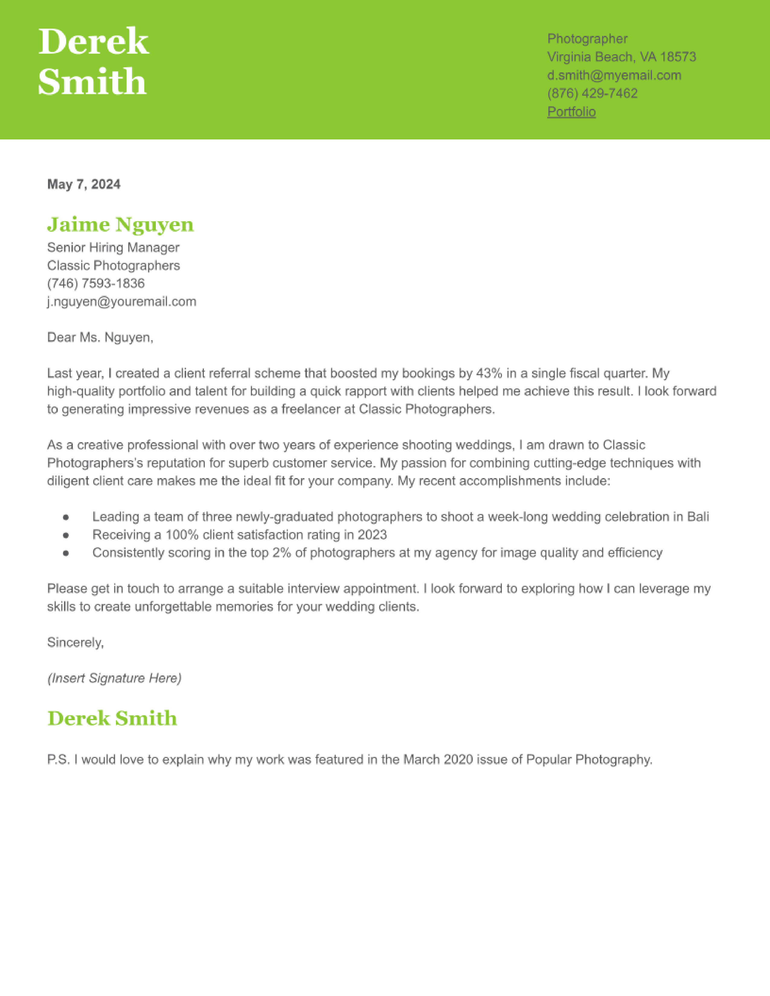 Photographer Cover Letter Examples and Templates for 2024 ...