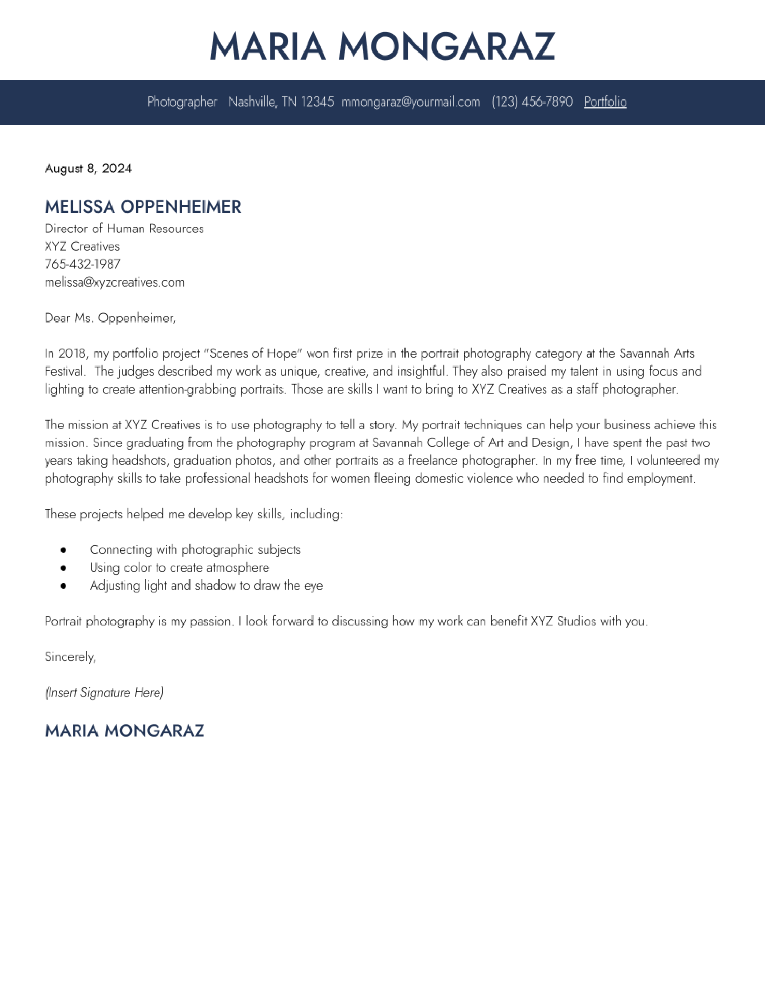 Photographer Cover Letter Examples and Templates for 2024 ...