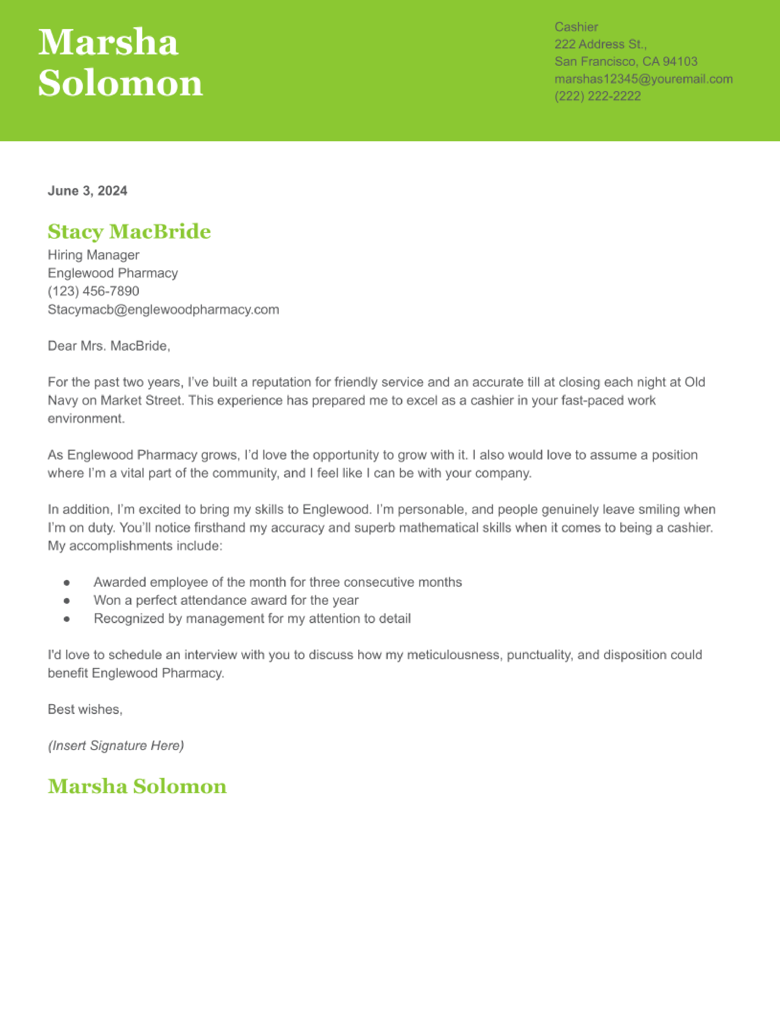 Cashier Cover Letter Examples and Templates for 2024 - ResumeBuilder.com