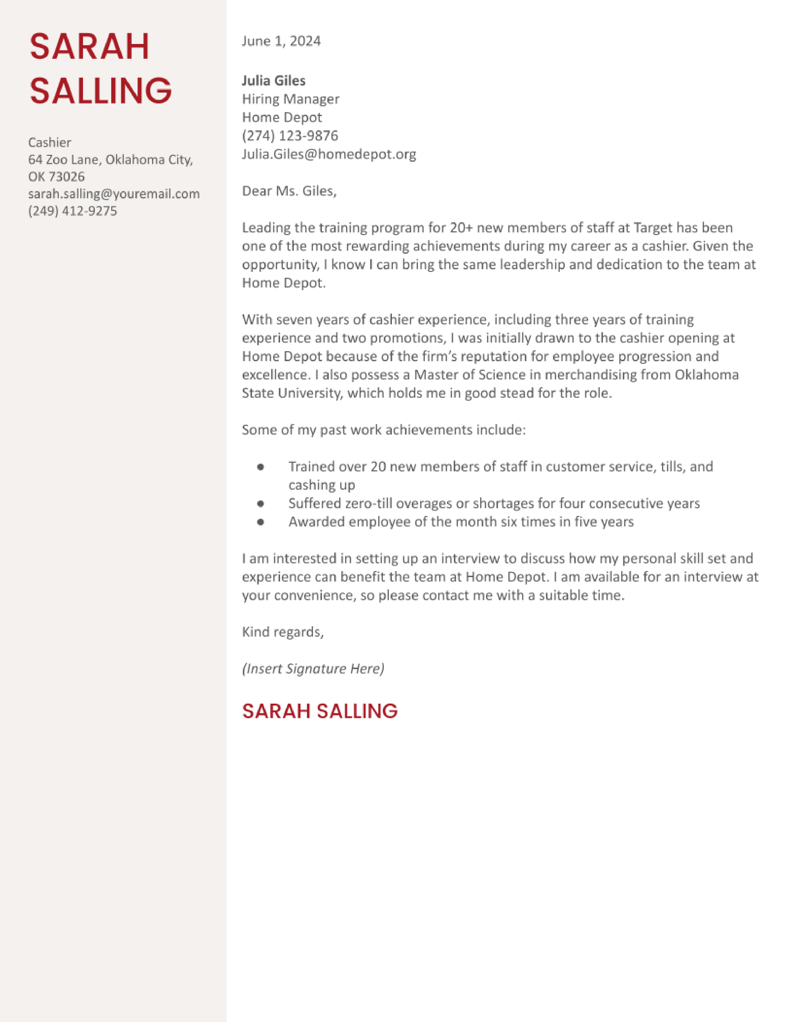 Cashier Cover Letter Examples and Templates for 2024 - ResumeBuilder.com