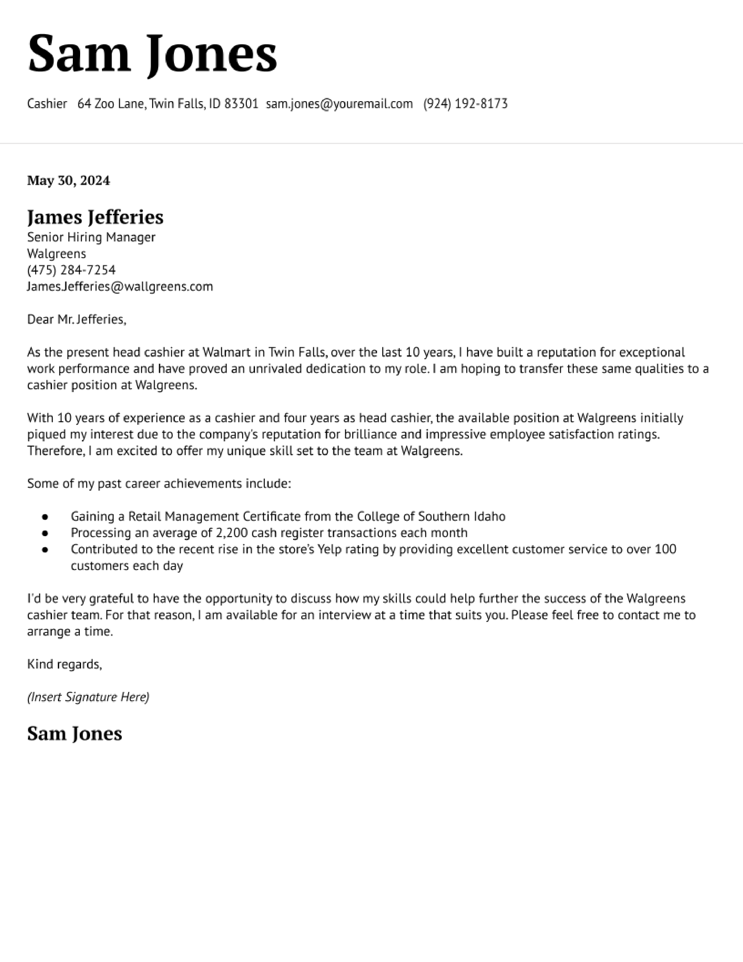 Cashier Cover Letter Examples and Templates for 2024 - ResumeBuilder.com