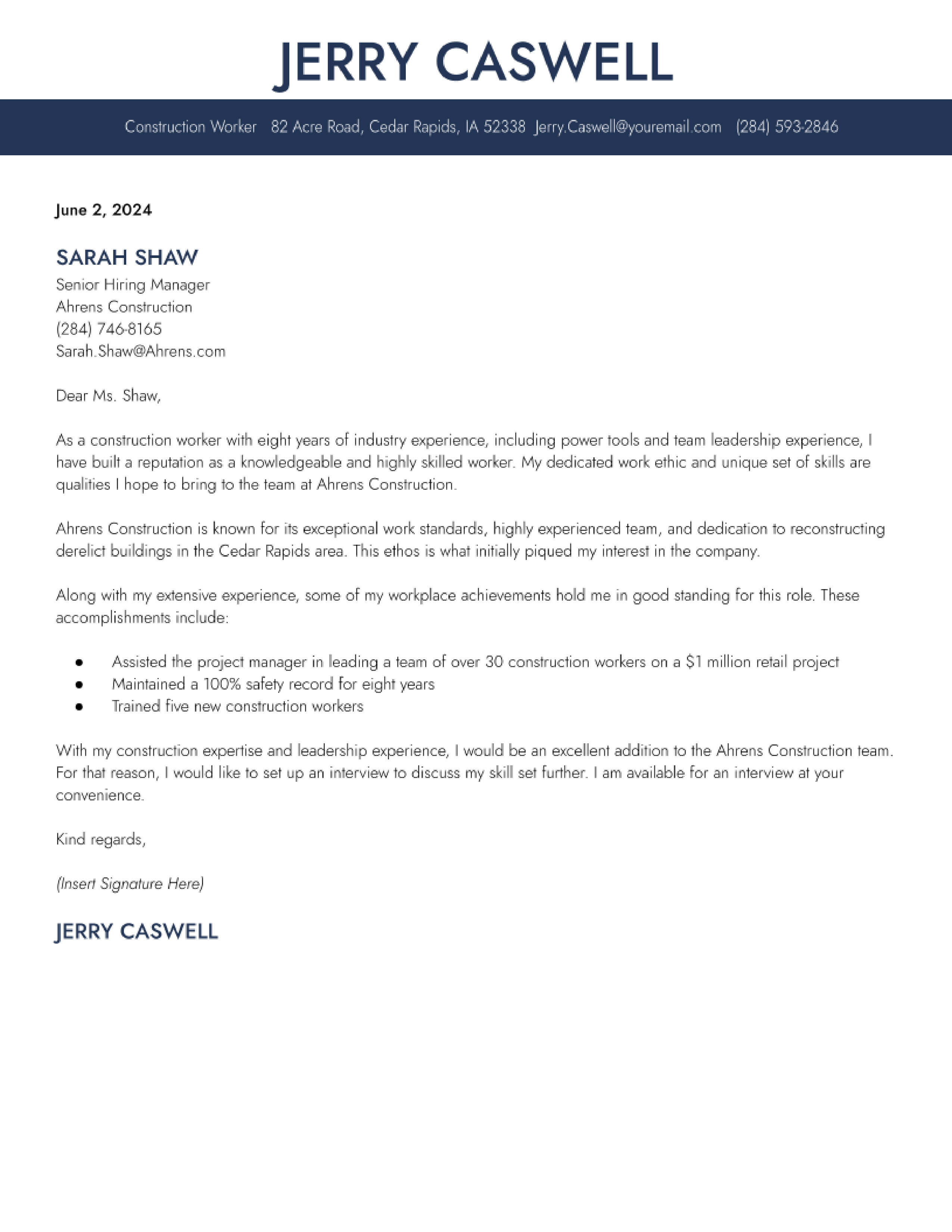 Construction Worker Cover Letter Examples and Templates for 2024 ...