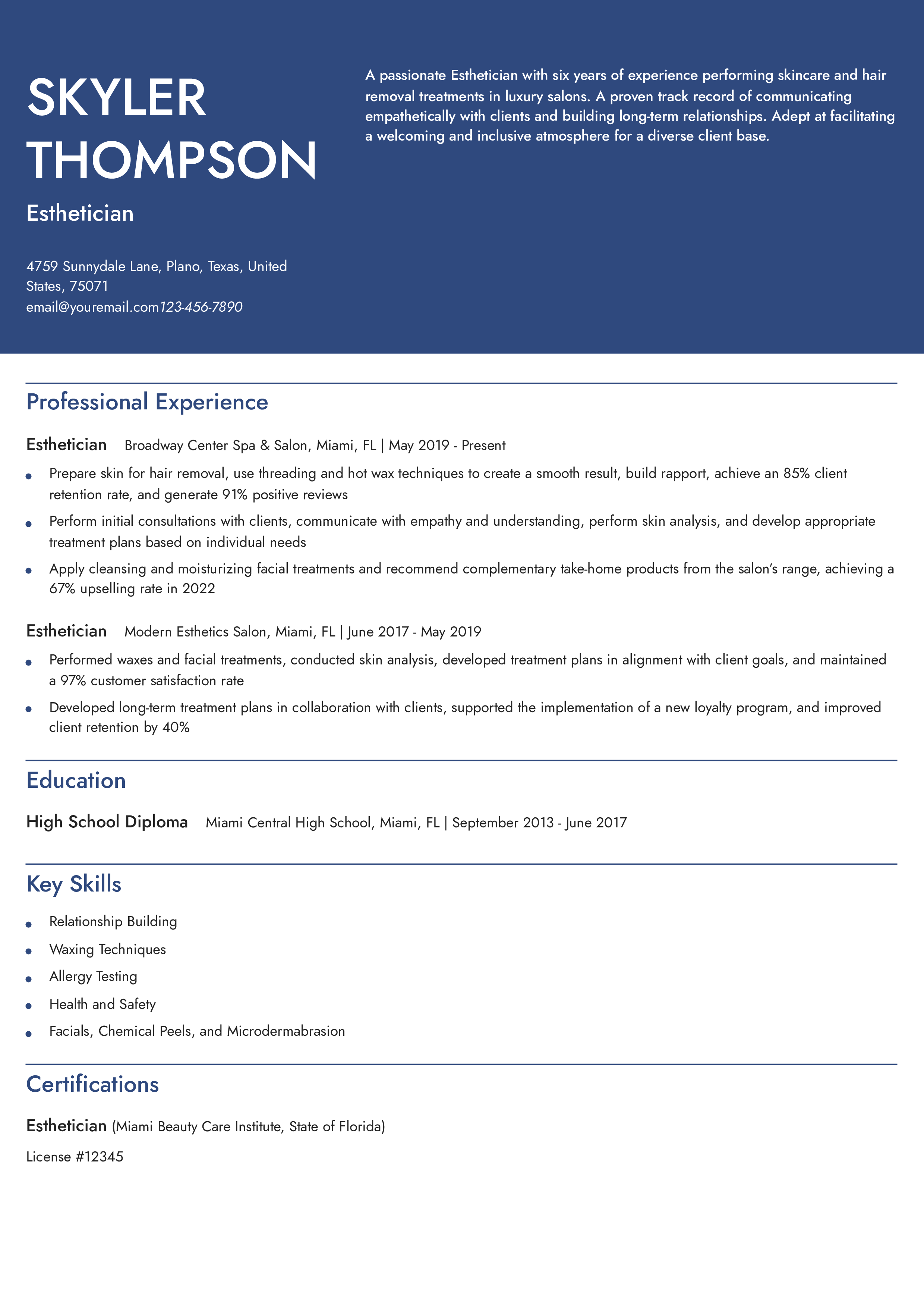 Esthetician Resume Examples and Templates for 2024 - ResumeBuilder.com