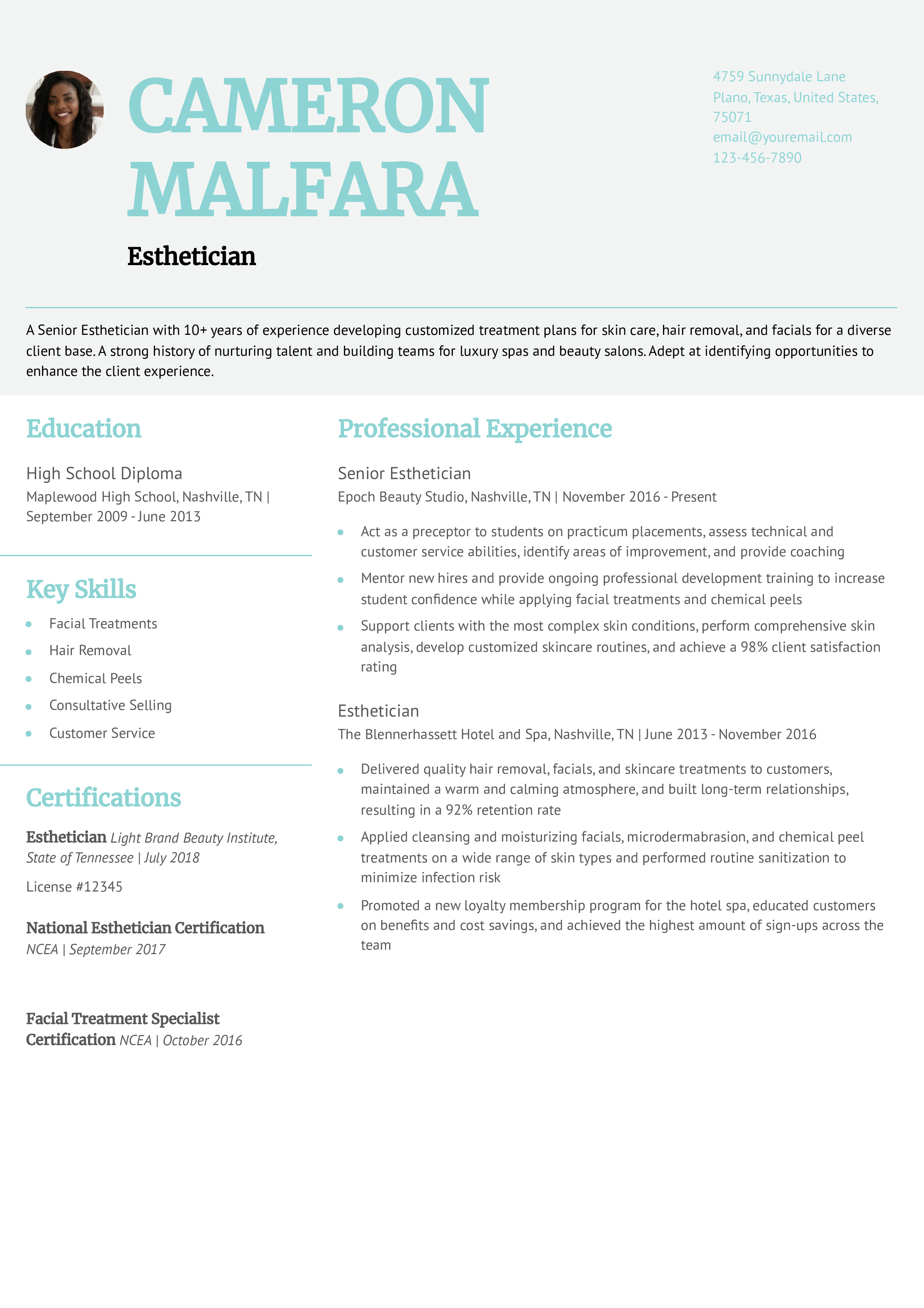 Esthetician Resume Examples and Templates for 2024 - ResumeBuilder.com