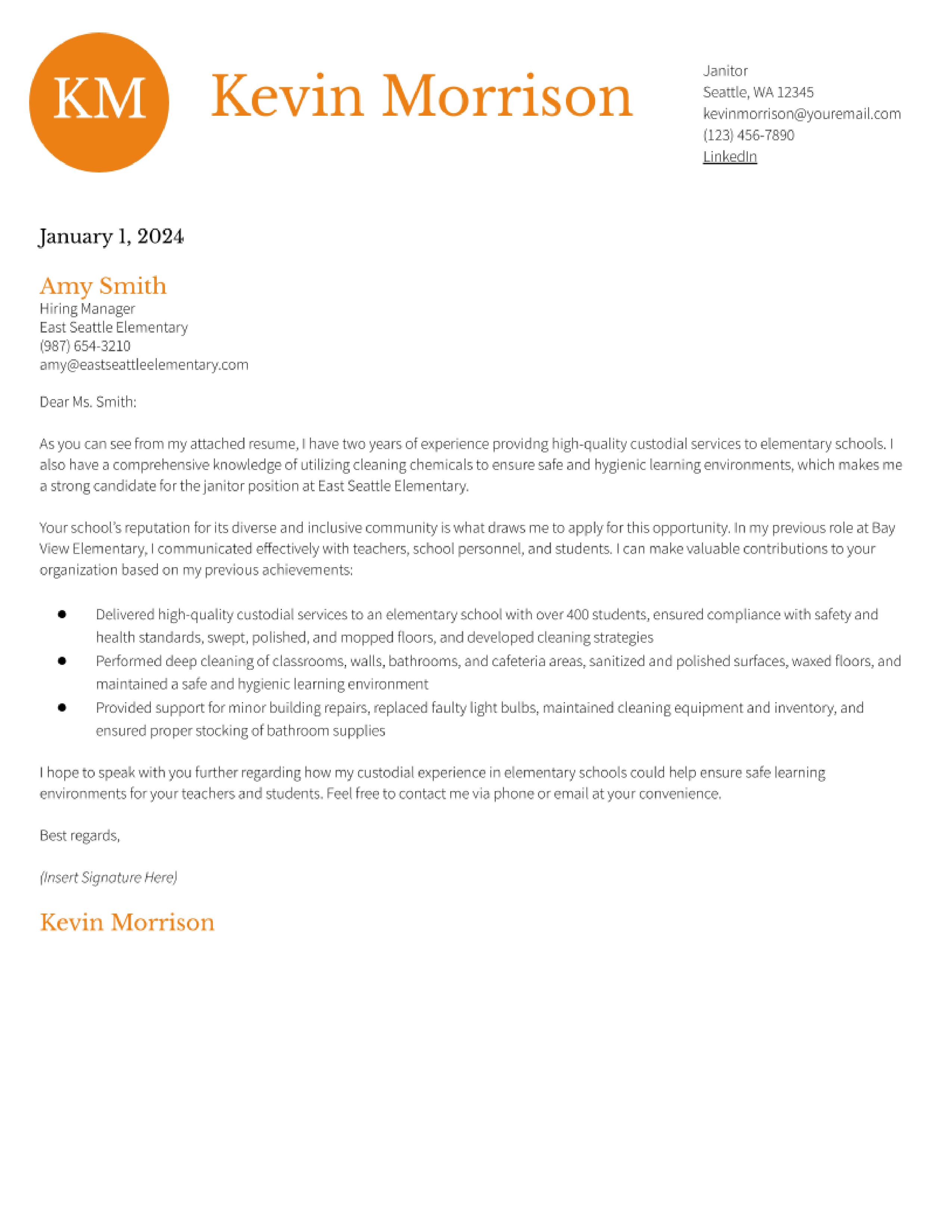 Janitor Cover Letter Examples and Templates for 2024 - ResumeBuilder.com