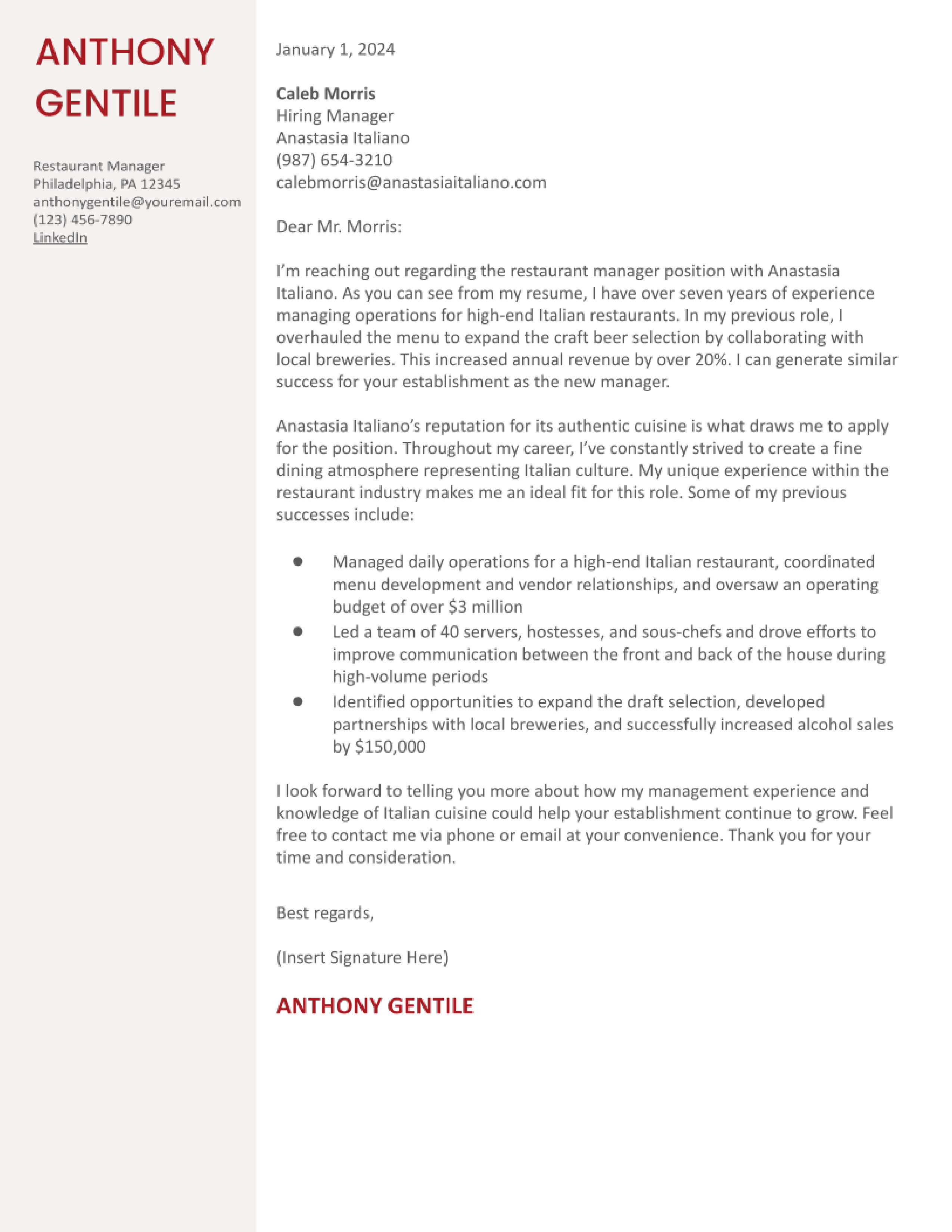 Restaurant Manager Cover Letter Examples and Templates for 2024 ...