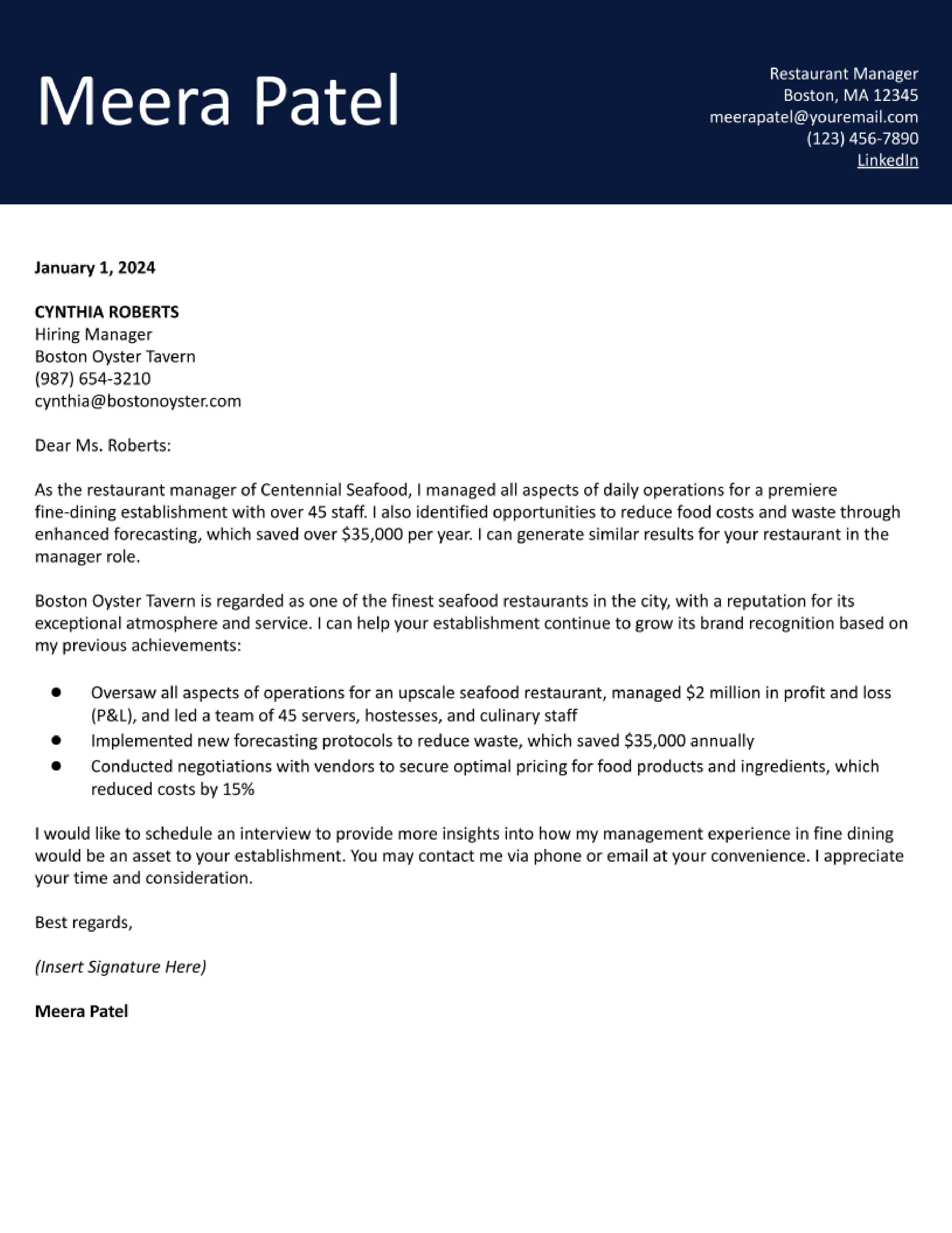 Restaurant Manager Cover Letter Examples and Templates for 2024 ...