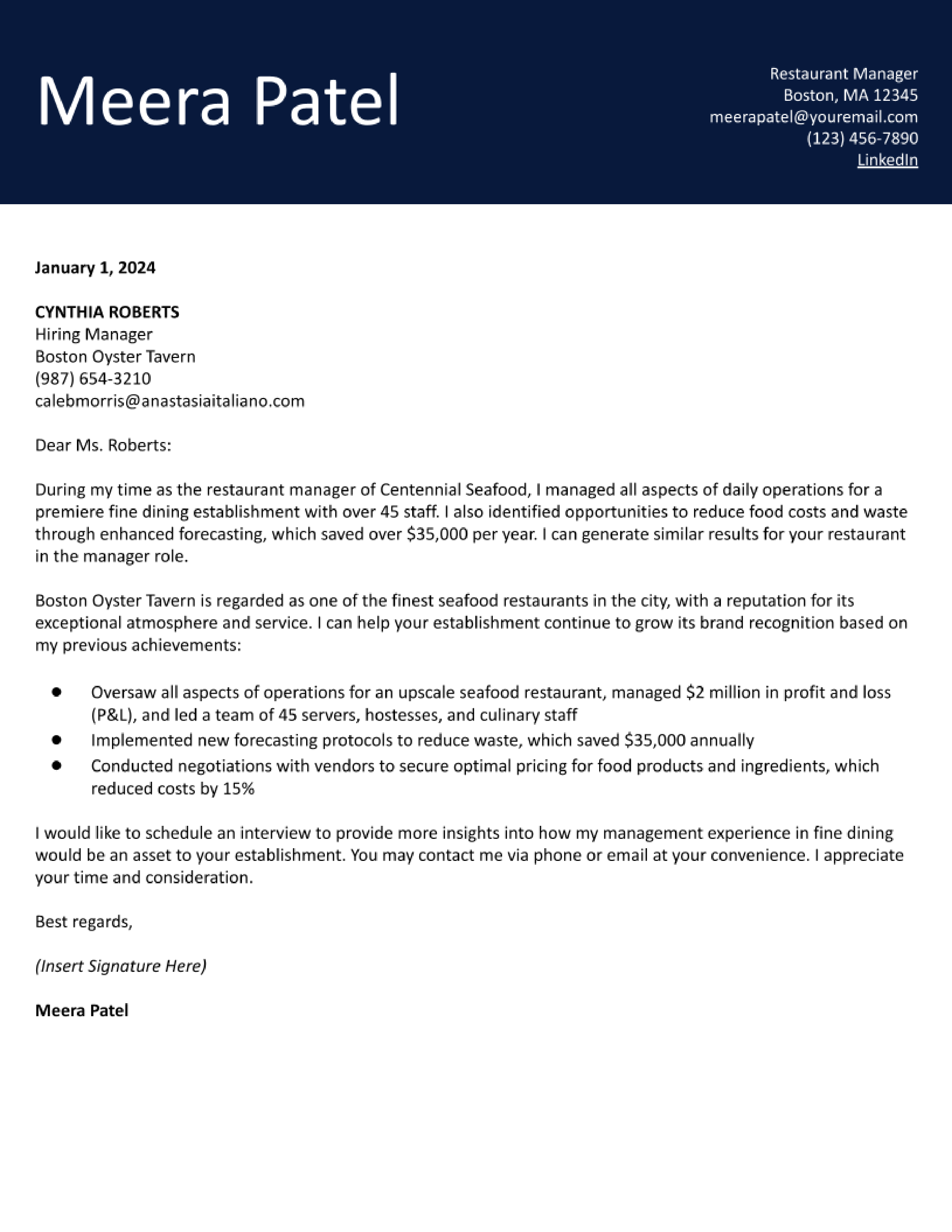 Restaurant Manager Cover Letter Examples and Templates for 2024 ...