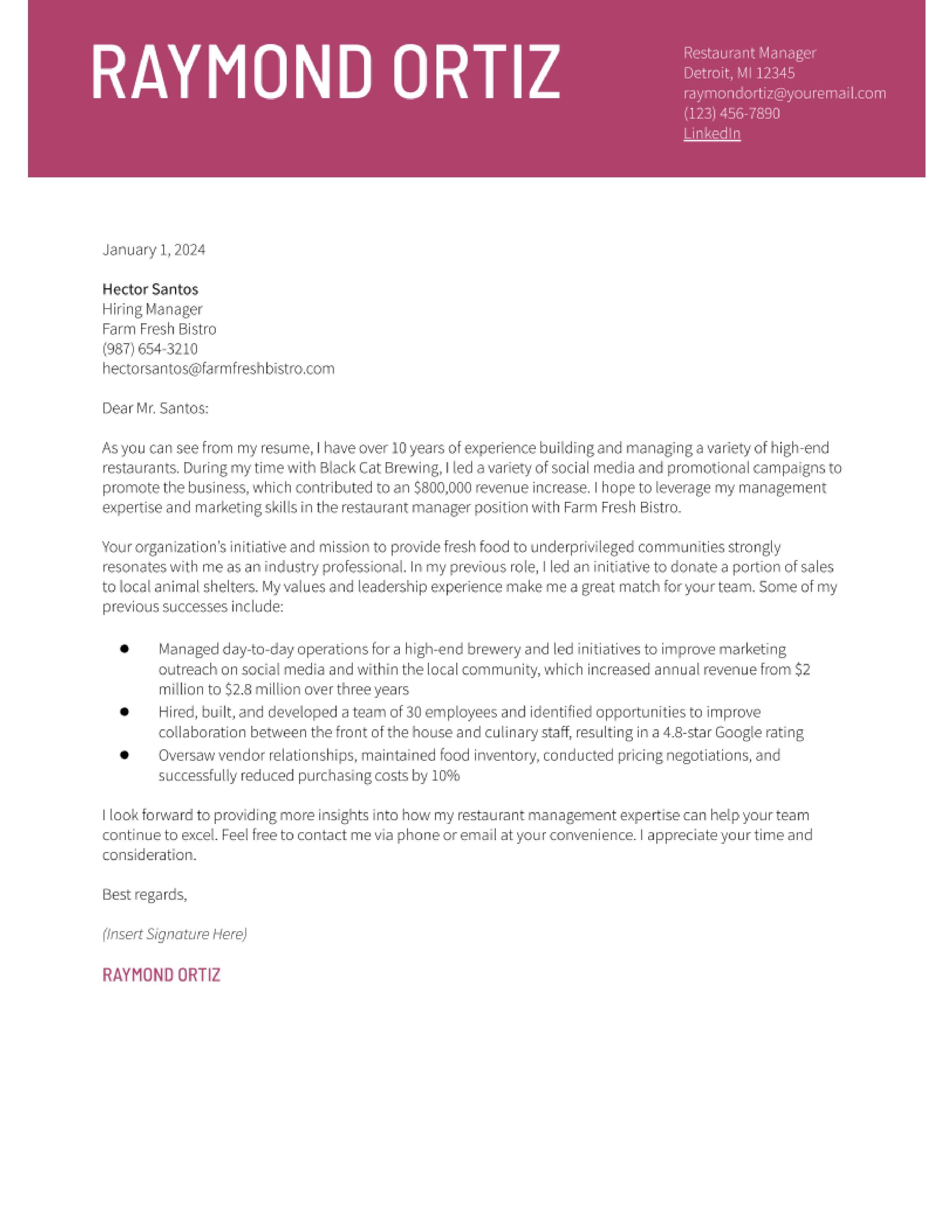 Restaurant Manager Cover Letter Examples and Templates for 2024 ...