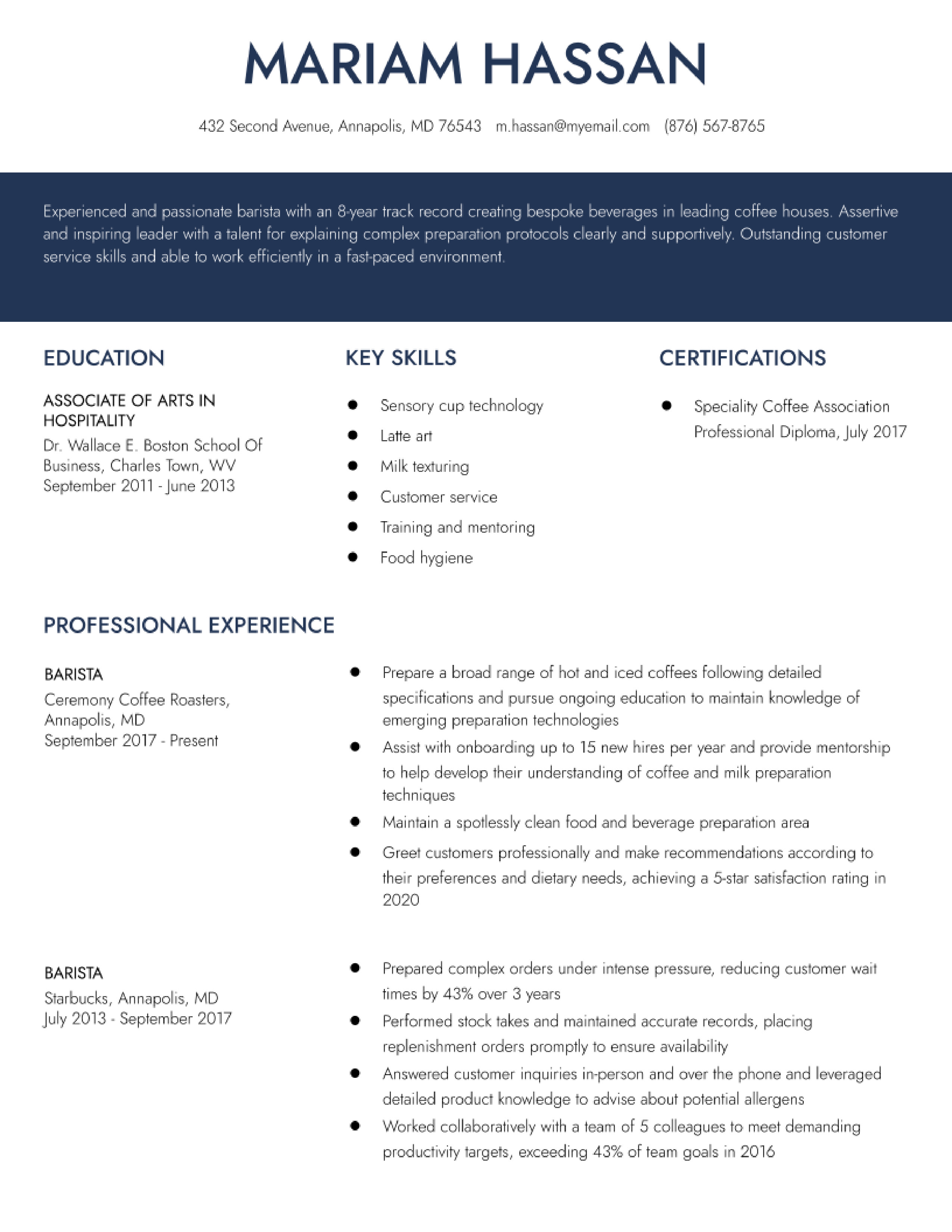 Barista Resume Examples and Templates for 2024 - ResumeBuilder.com