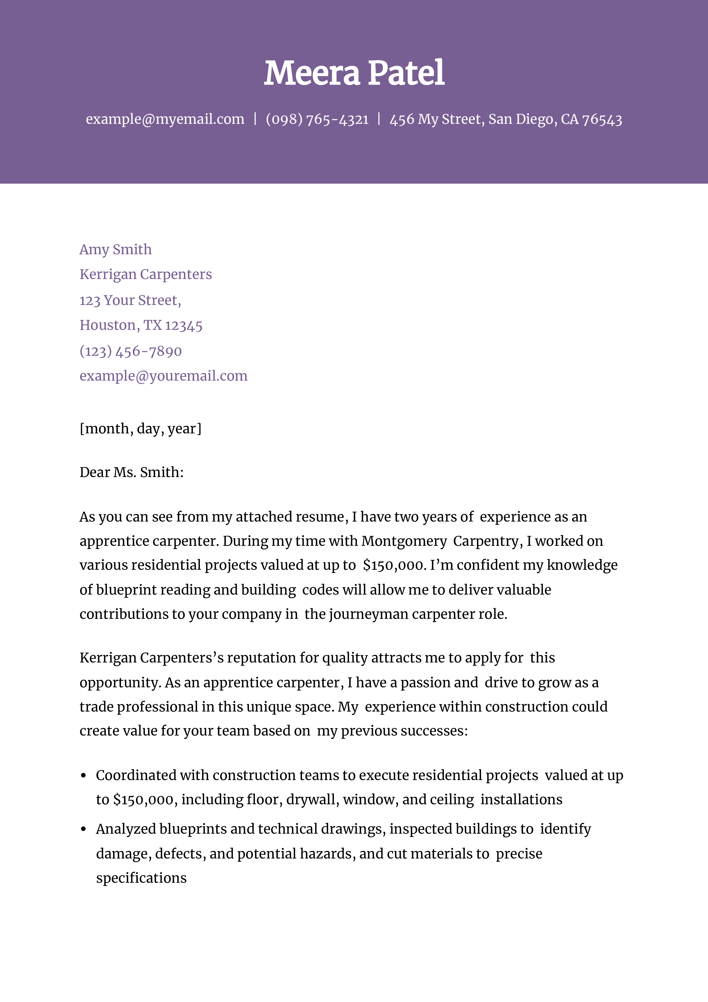 Carpenter Cover Letter Examples and Templates for 2024 - ResumeBuilder.com