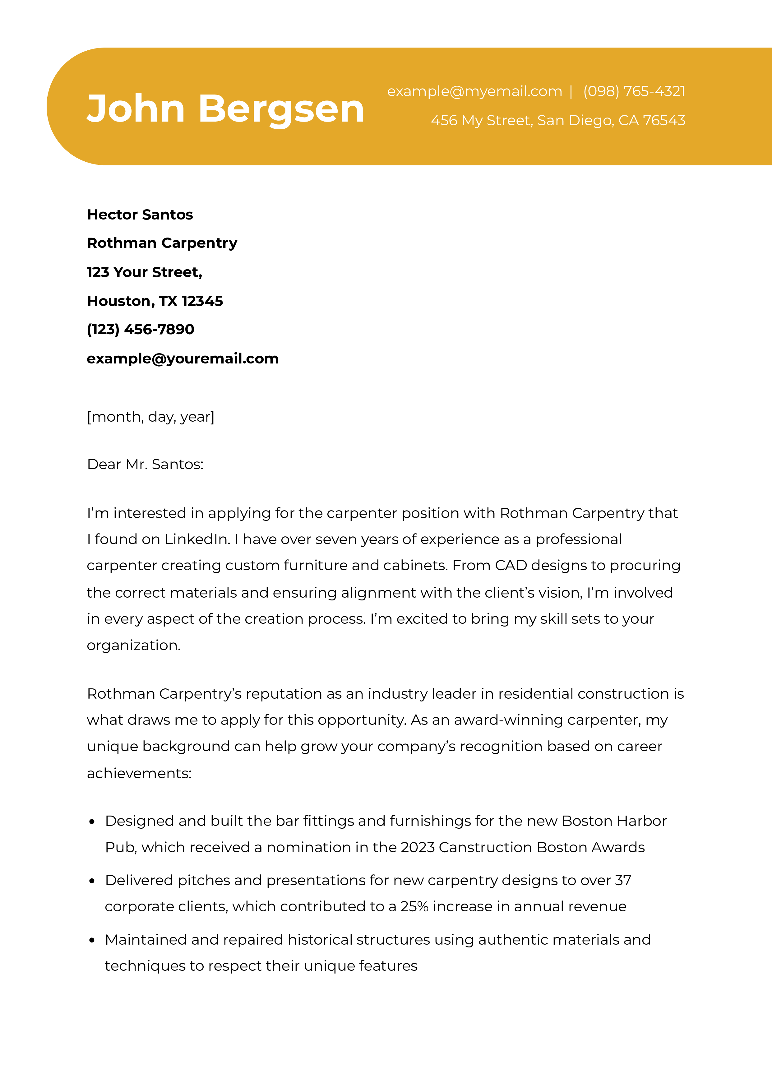 Carpenter Cover Letter Examples and Templates for 2024 - ResumeBuilder.com