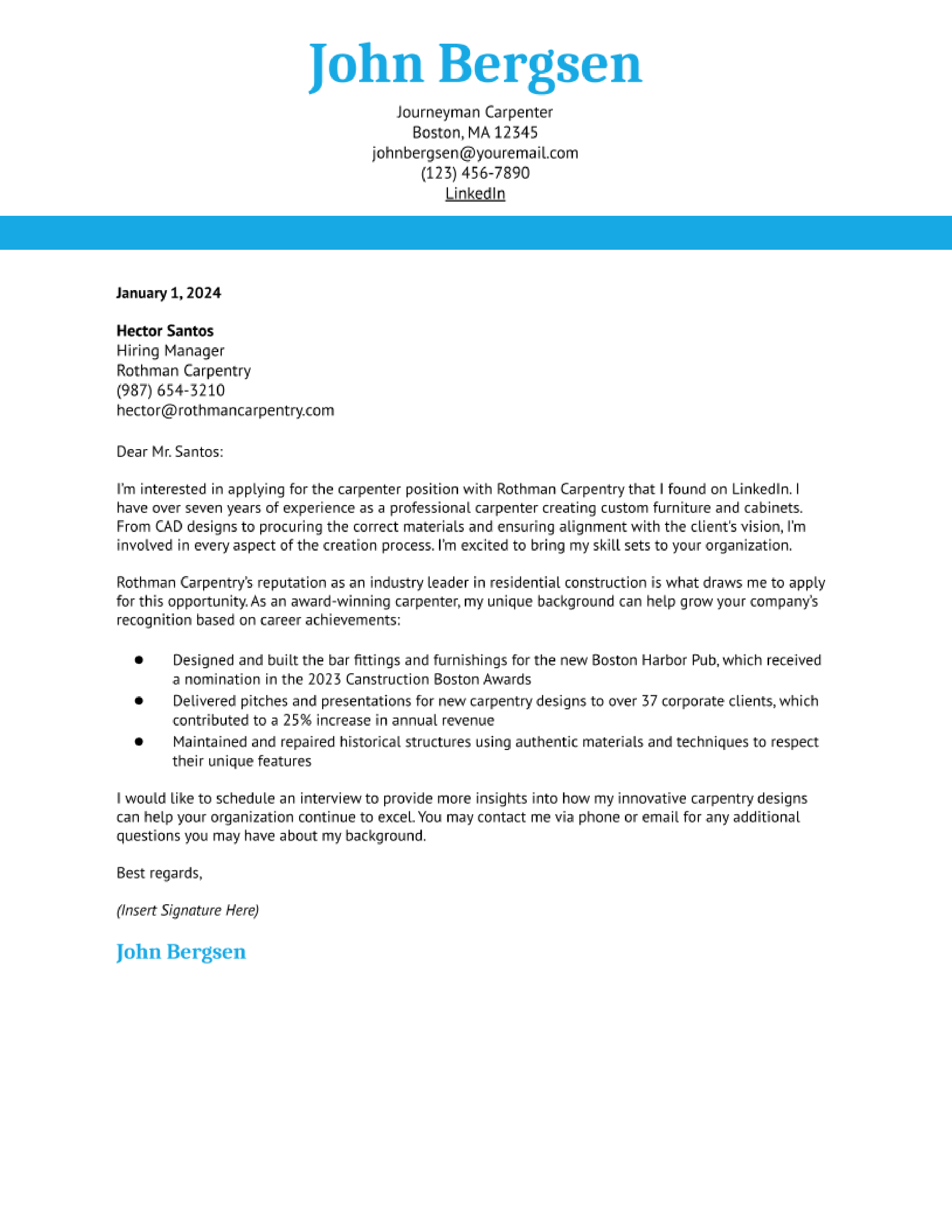 Carpenter Cover Letter Examples and Templates for 2024 - ResumeBuilder.com