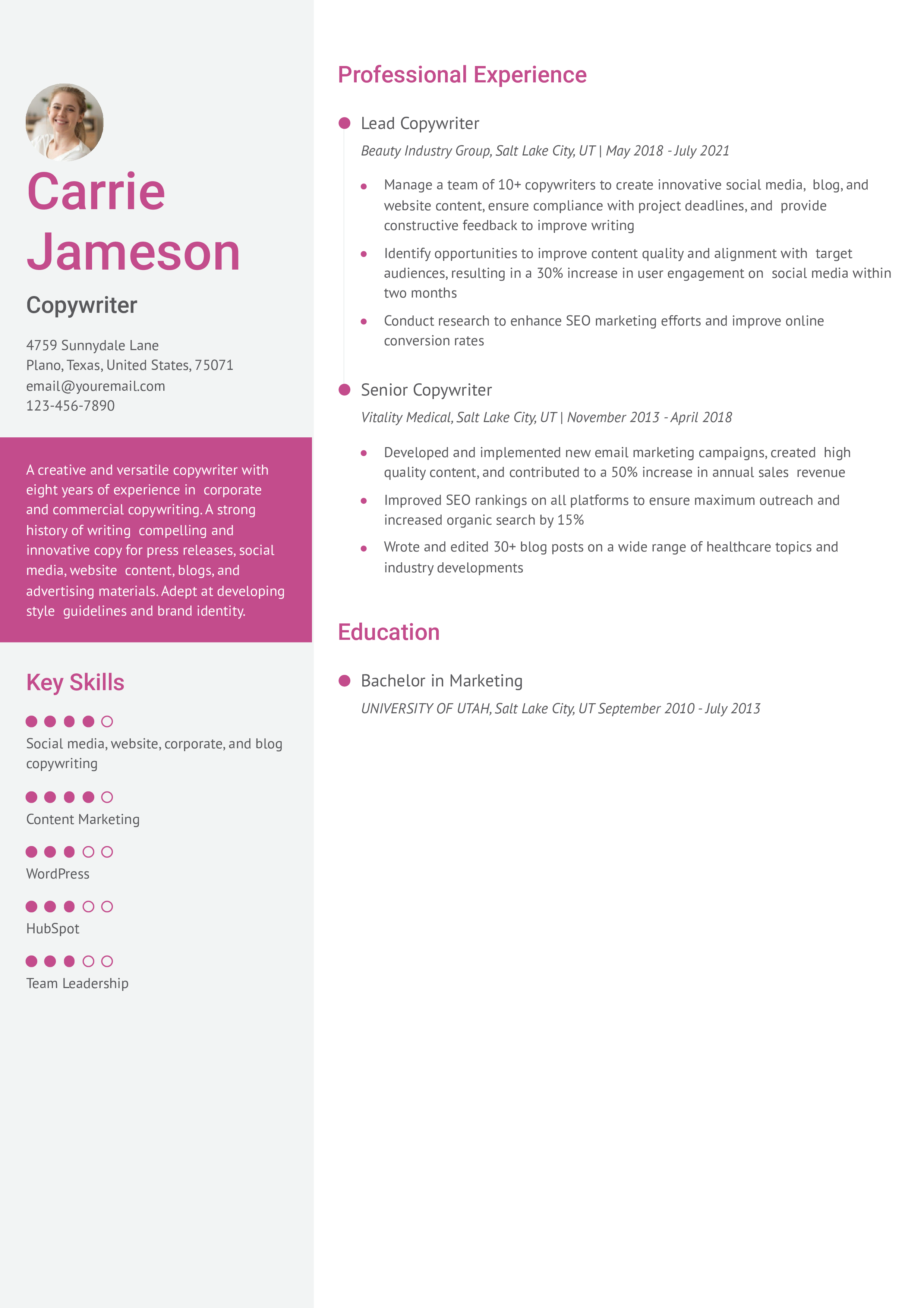 Copywriter Resume Examples and Templates for 2024 - ResumeBuilder.com