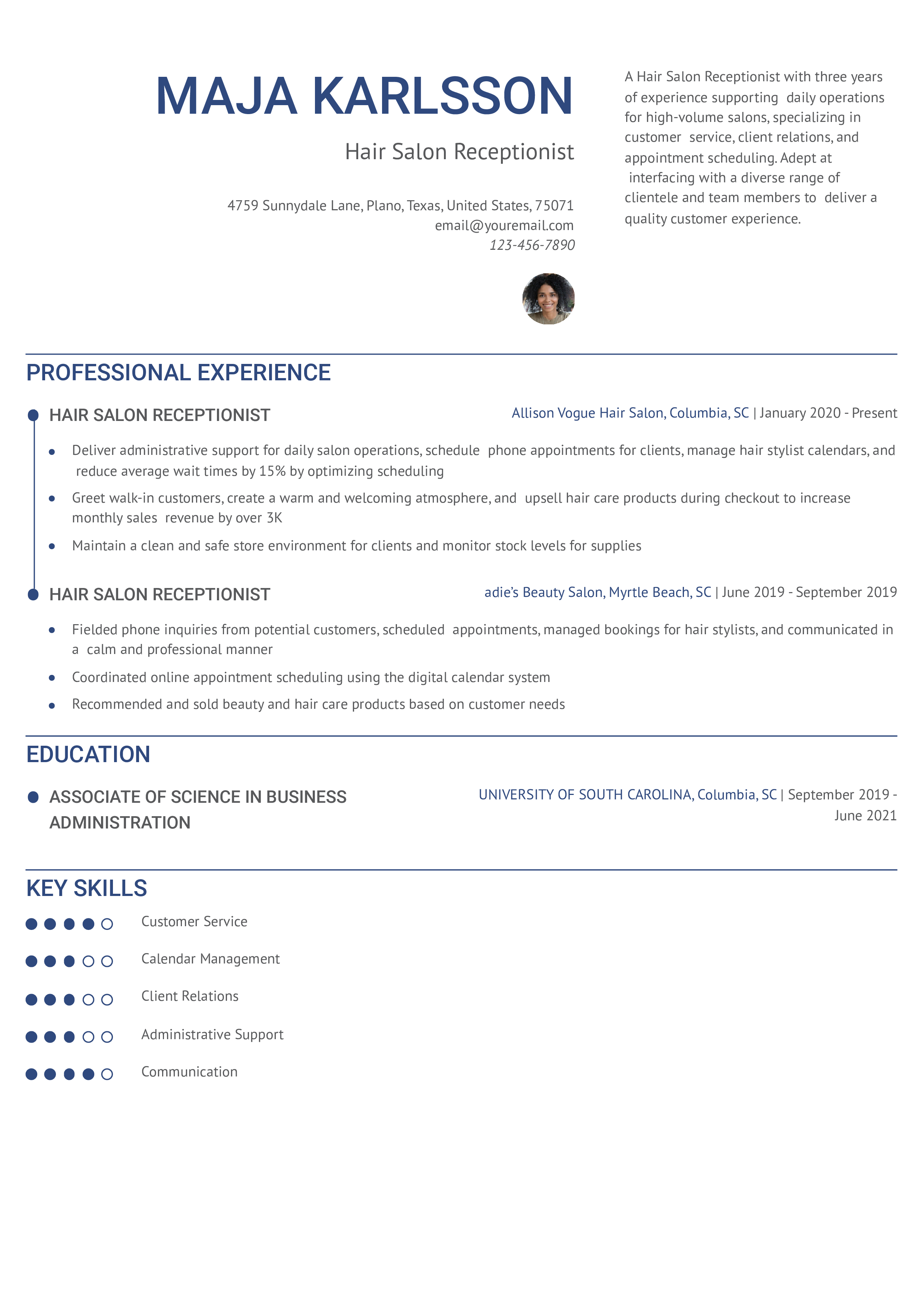 Hair Salon Receptionist Resume Examples and Templates for 2024 ...