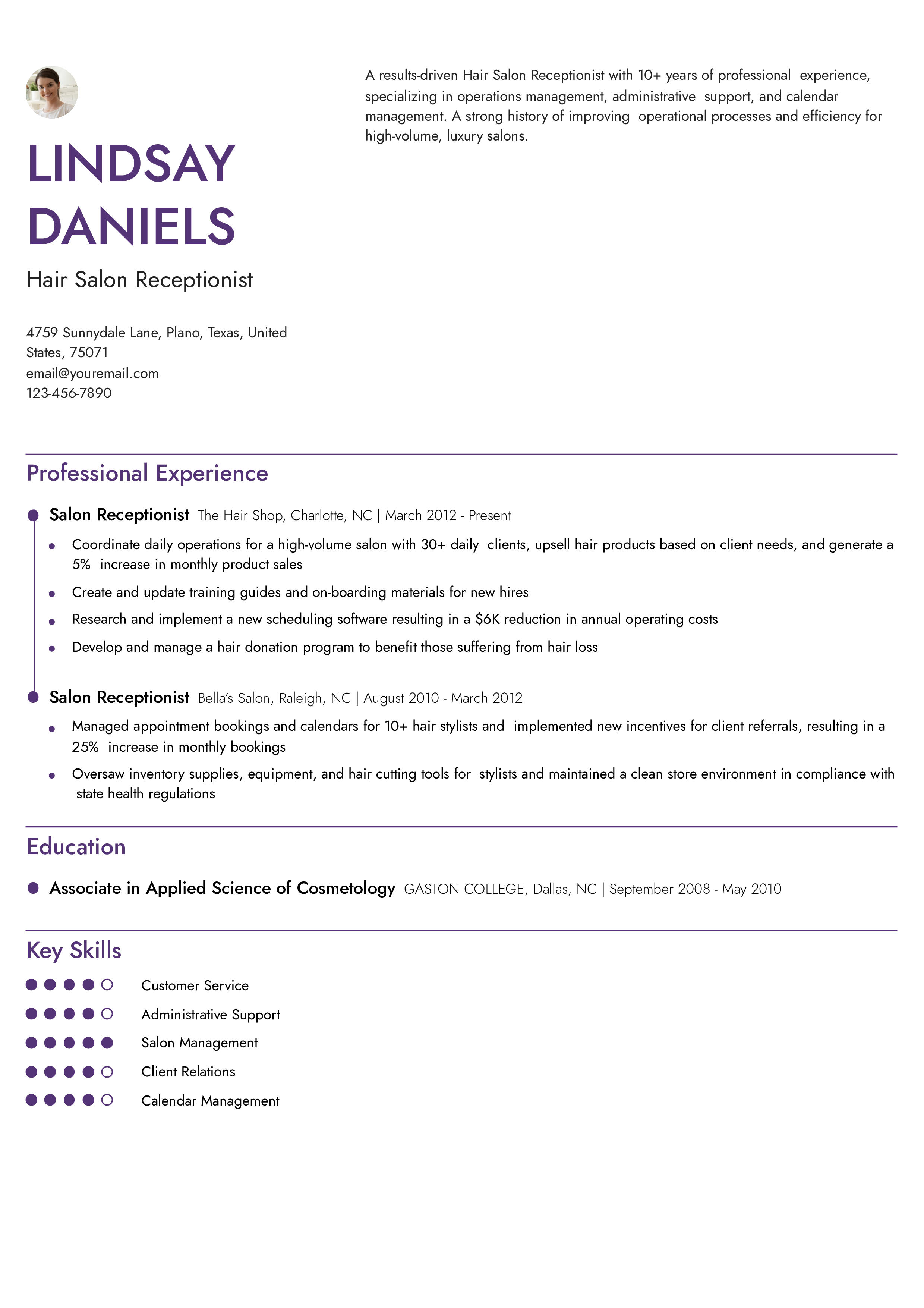 Hair Salon Receptionist Resume Examples and Templates for 2024 ...