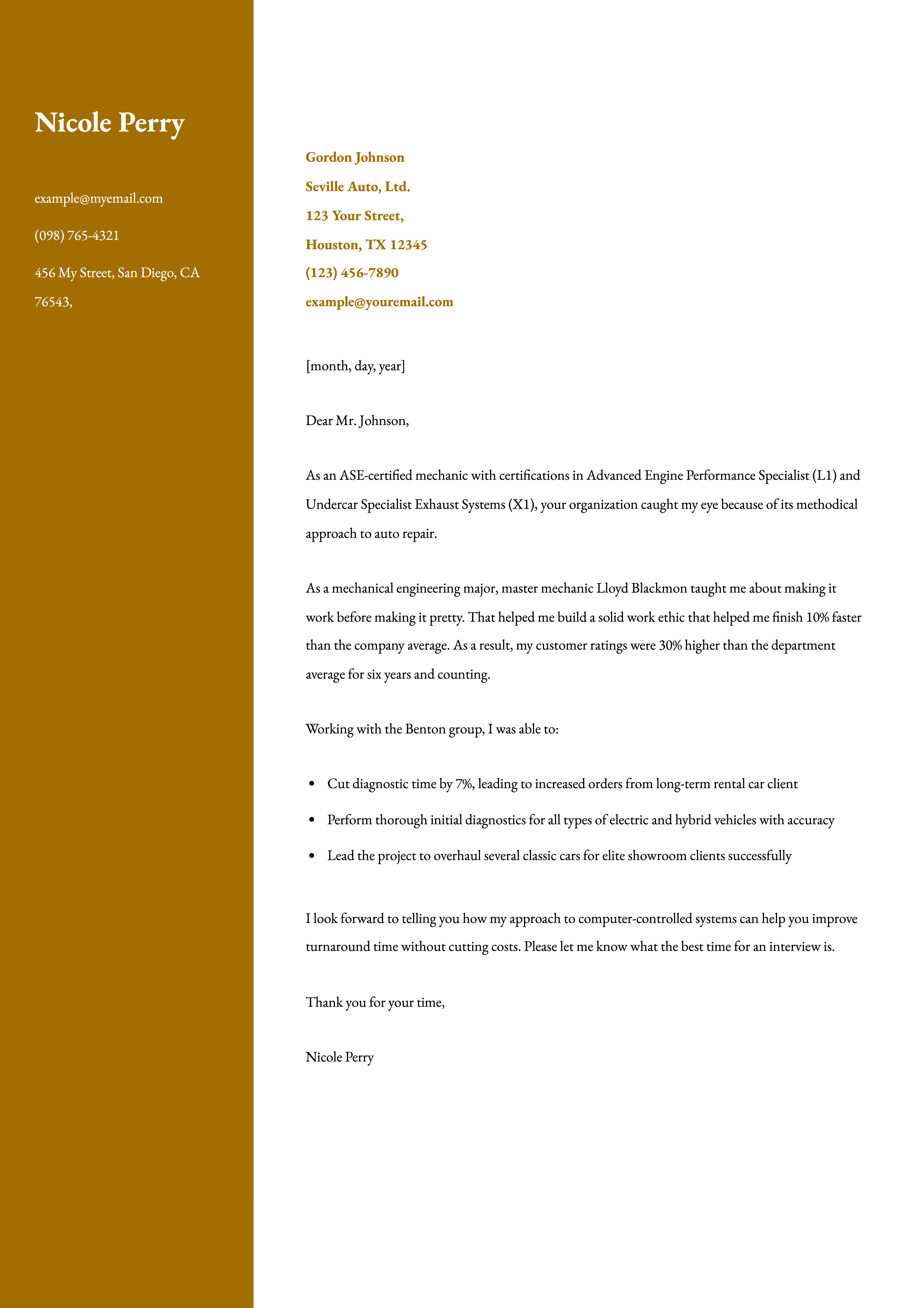 Mechanic Cover Letter Examples and Templates for 2024 - ResumeBuilder.com