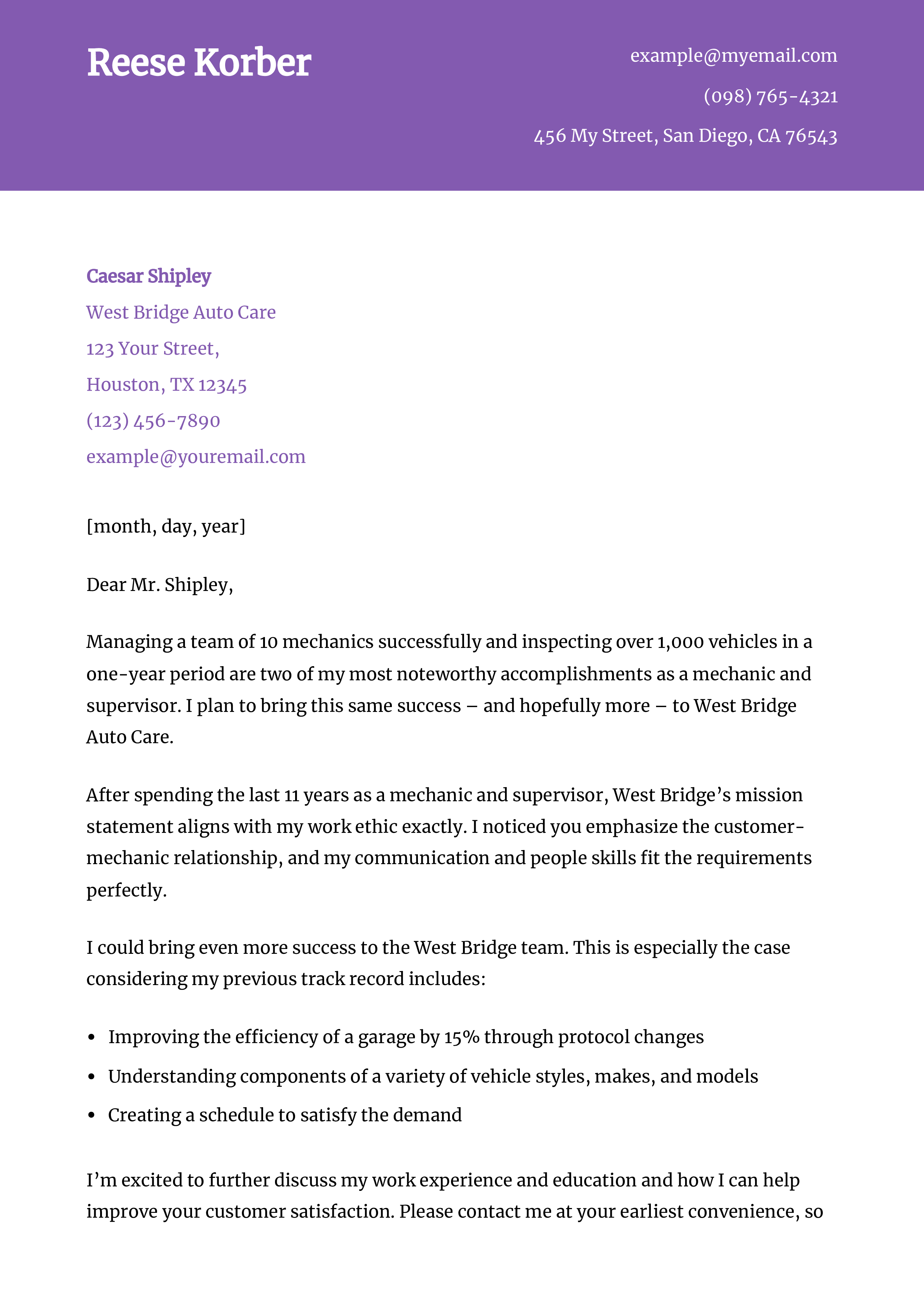 Mechanic Cover Letter Examples and Templates for 2024 - ResumeBuilder.com