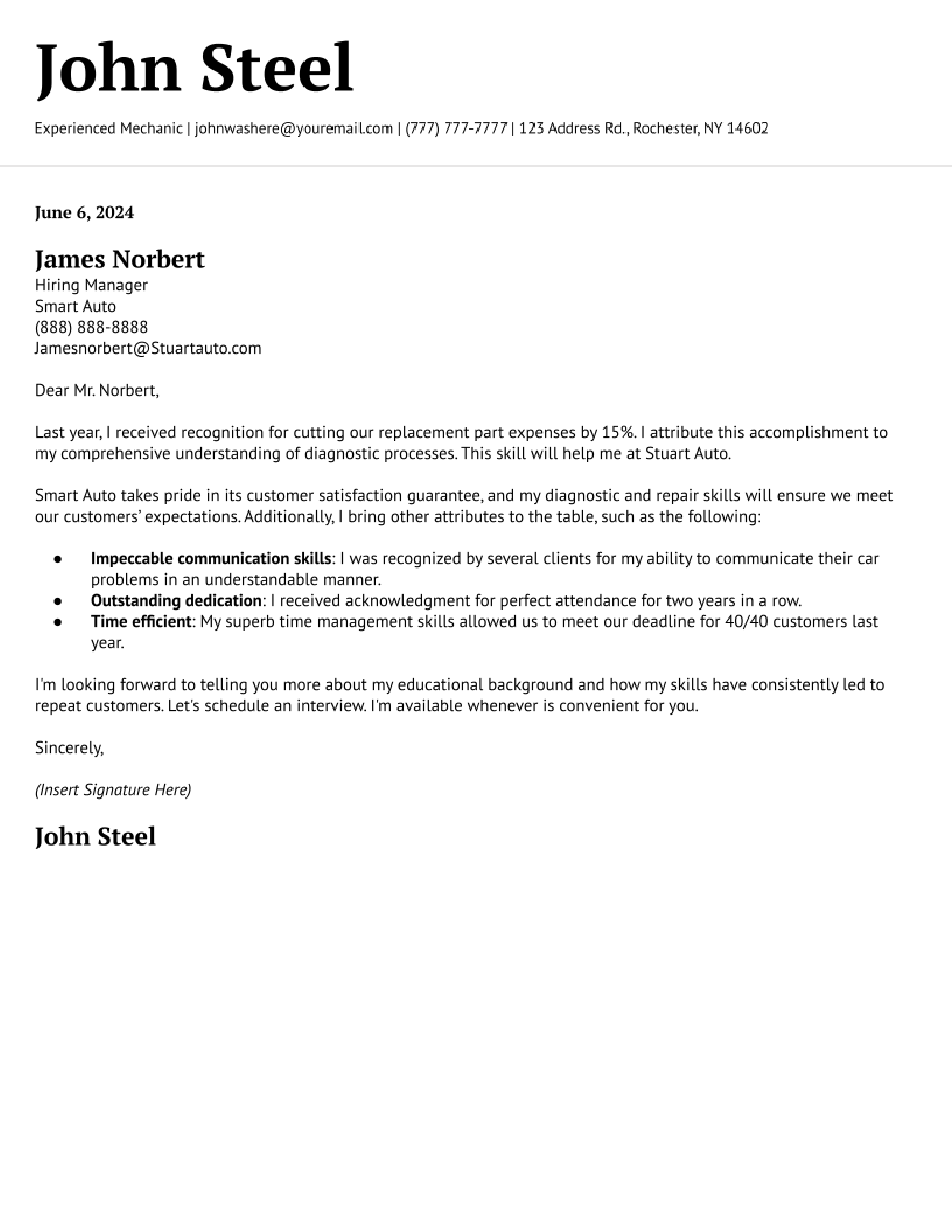 Mechanic Cover Letter Examples and Templates for 2024 - ResumeBuilder.com