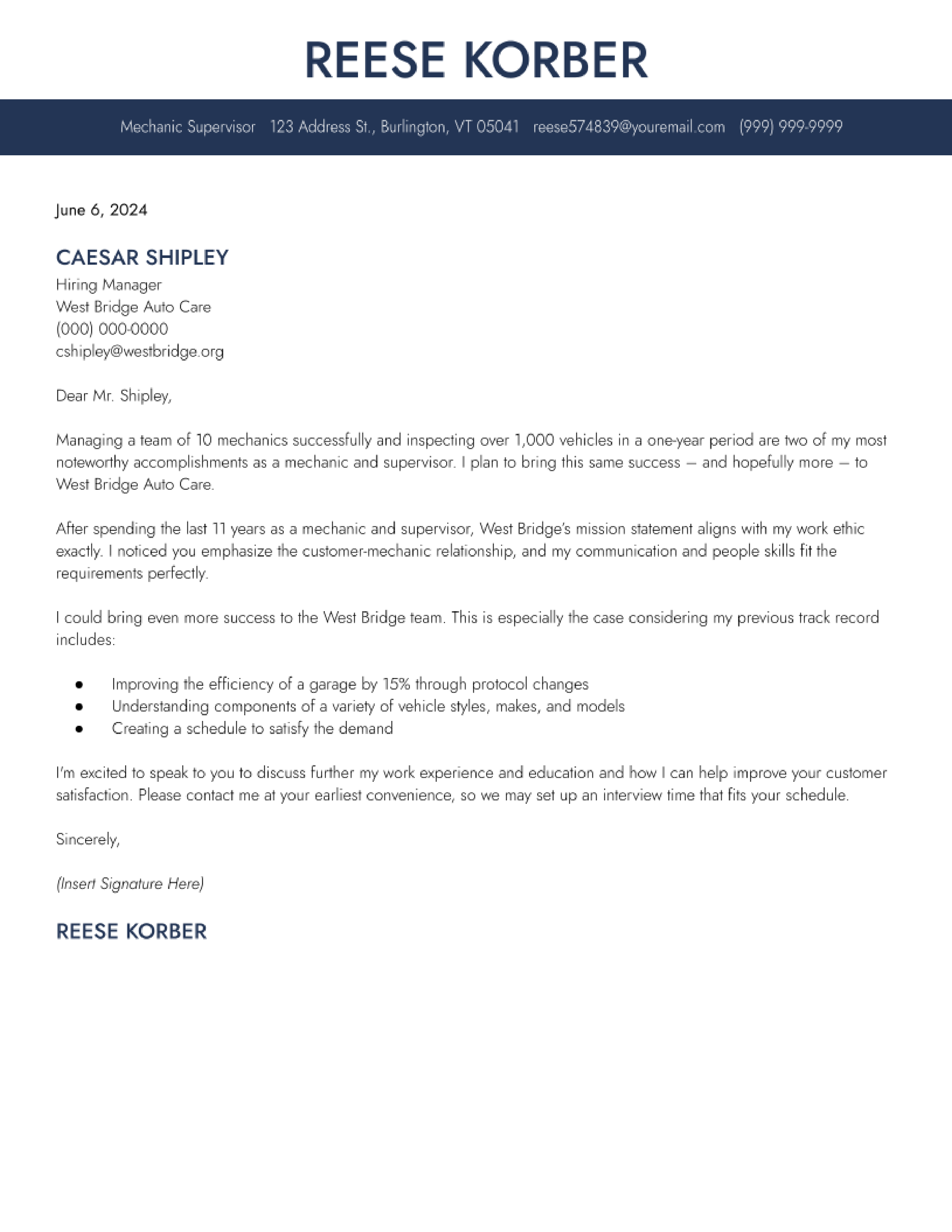 Mechanic Cover Letter Examples and Templates for 2024 - ResumeBuilder.com