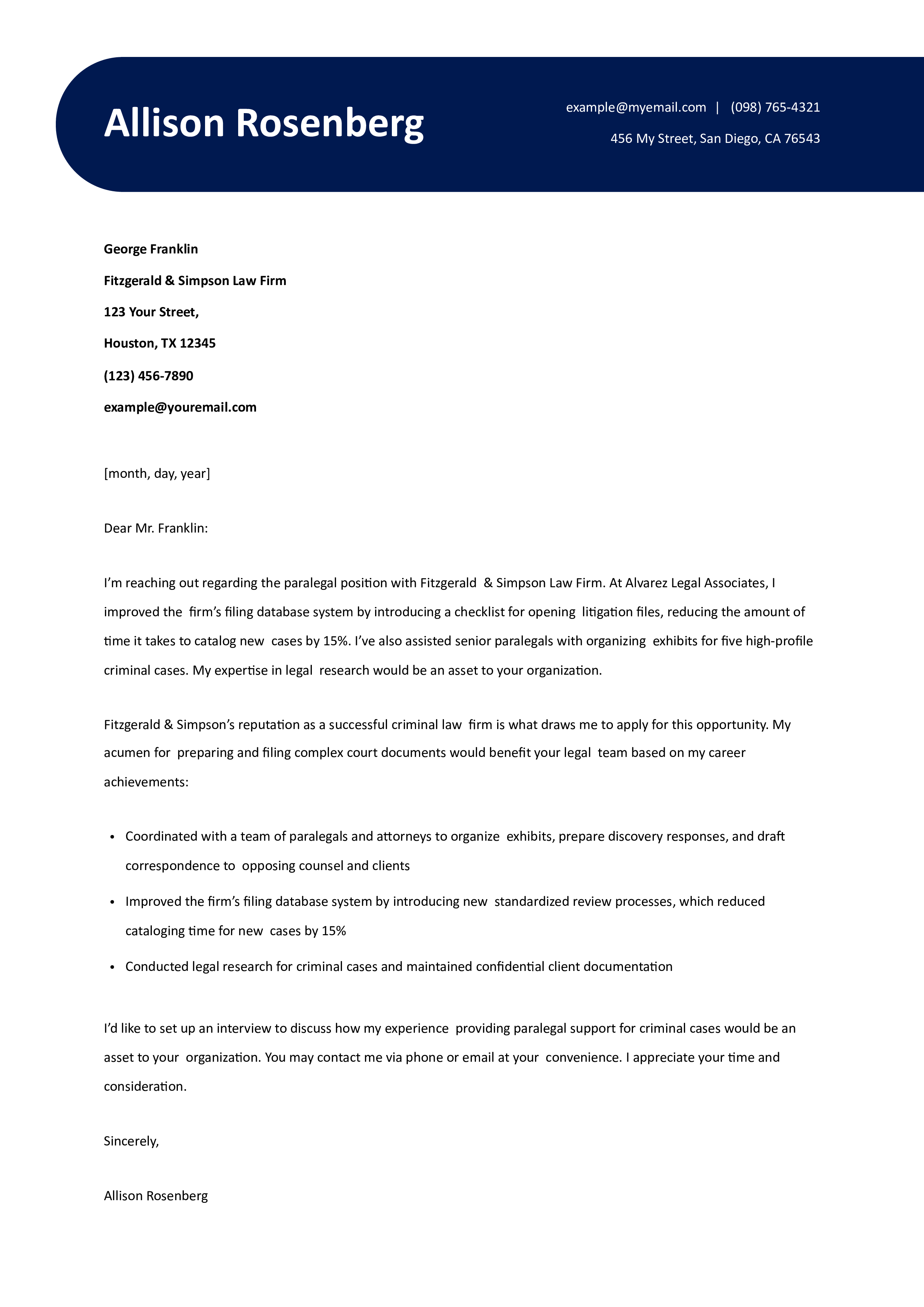 Paralegal Cover Letter Examples and Templates for 2024 - ResumeBuilder.com