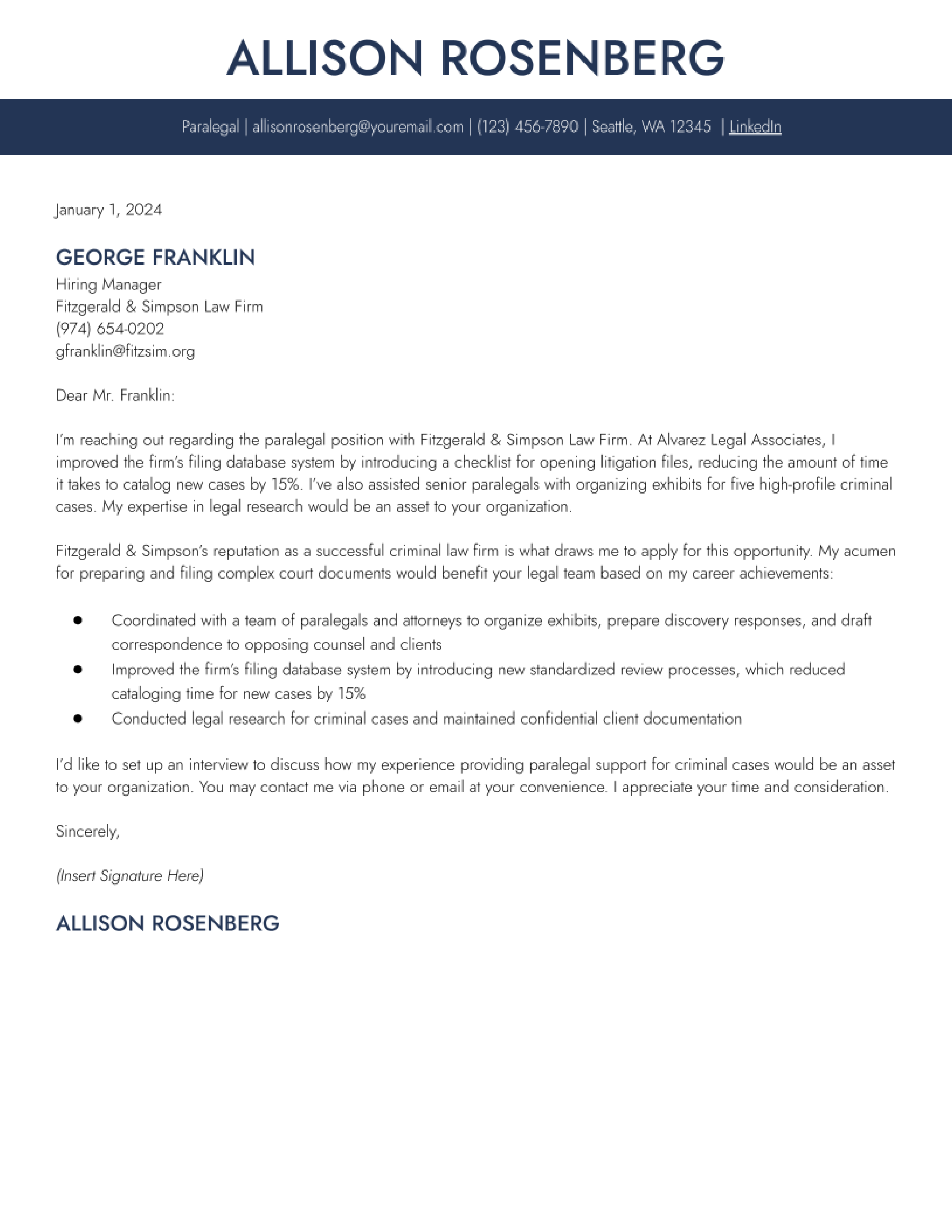 Paralegal Cover Letter Examples and Templates for 2024 - ResumeBuilder.com