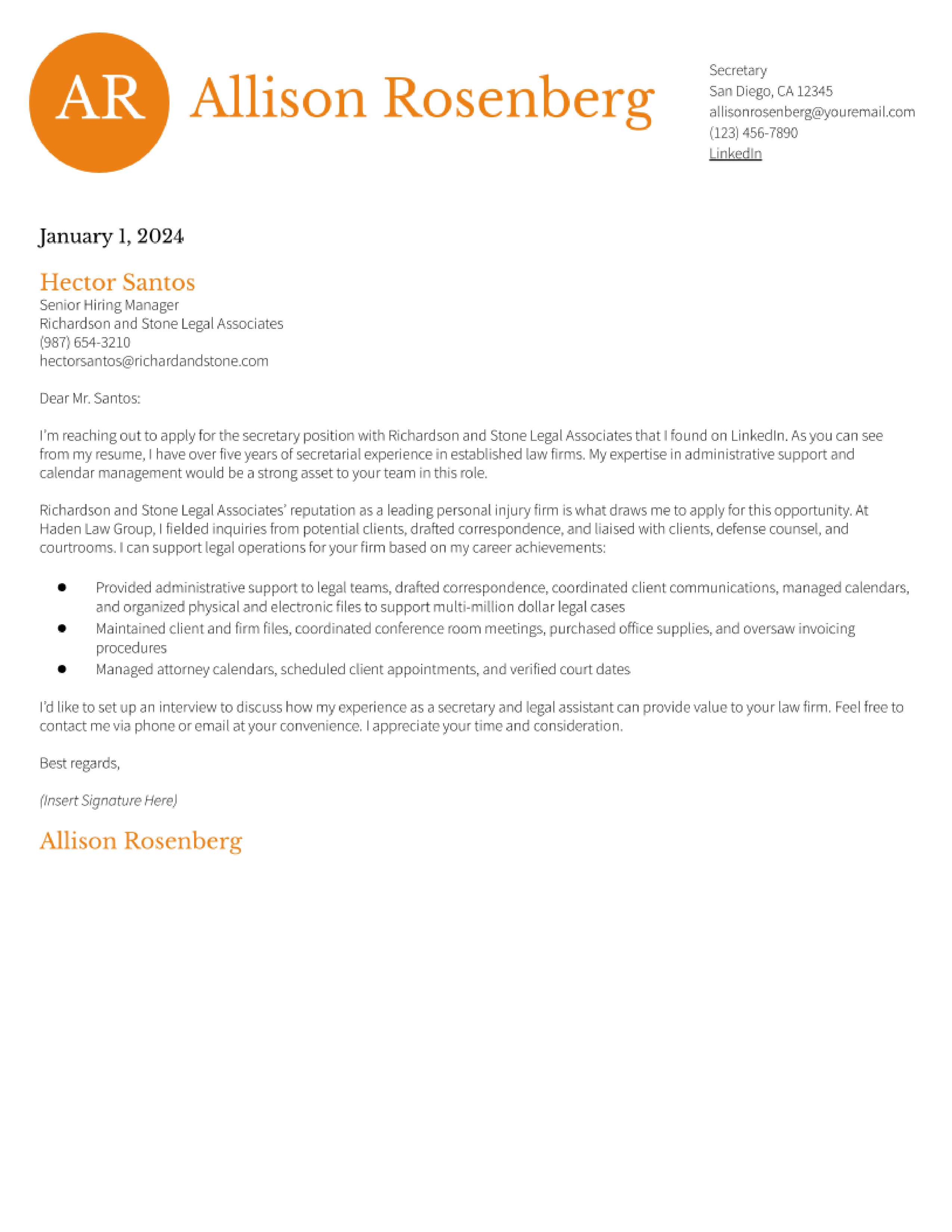 Secretary Cover Letter Examples and Templates for 2024 - ResumeBuilder.com