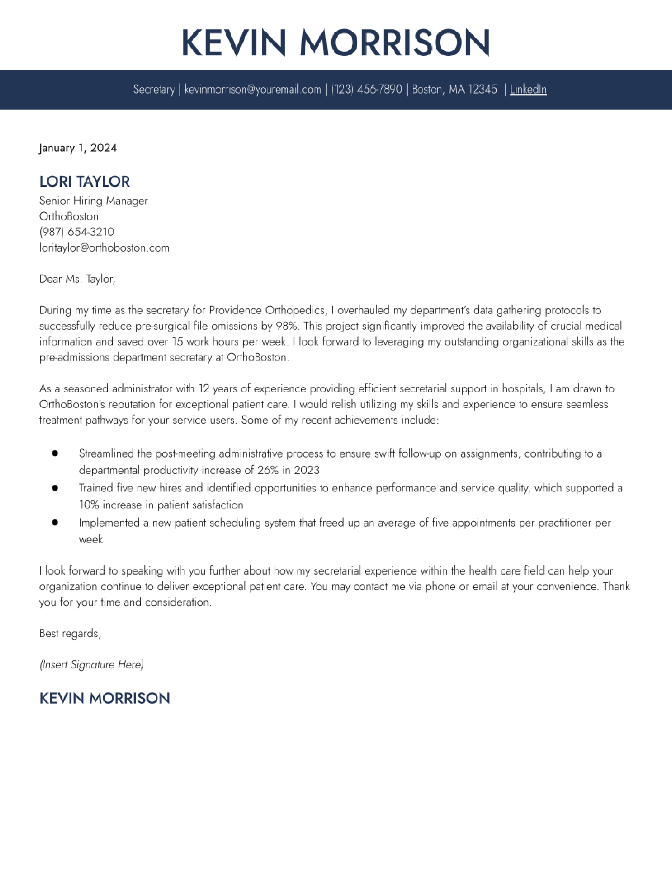 Secretary Cover Letter Examples and Templates for 2024 - ResumeBuilder.com