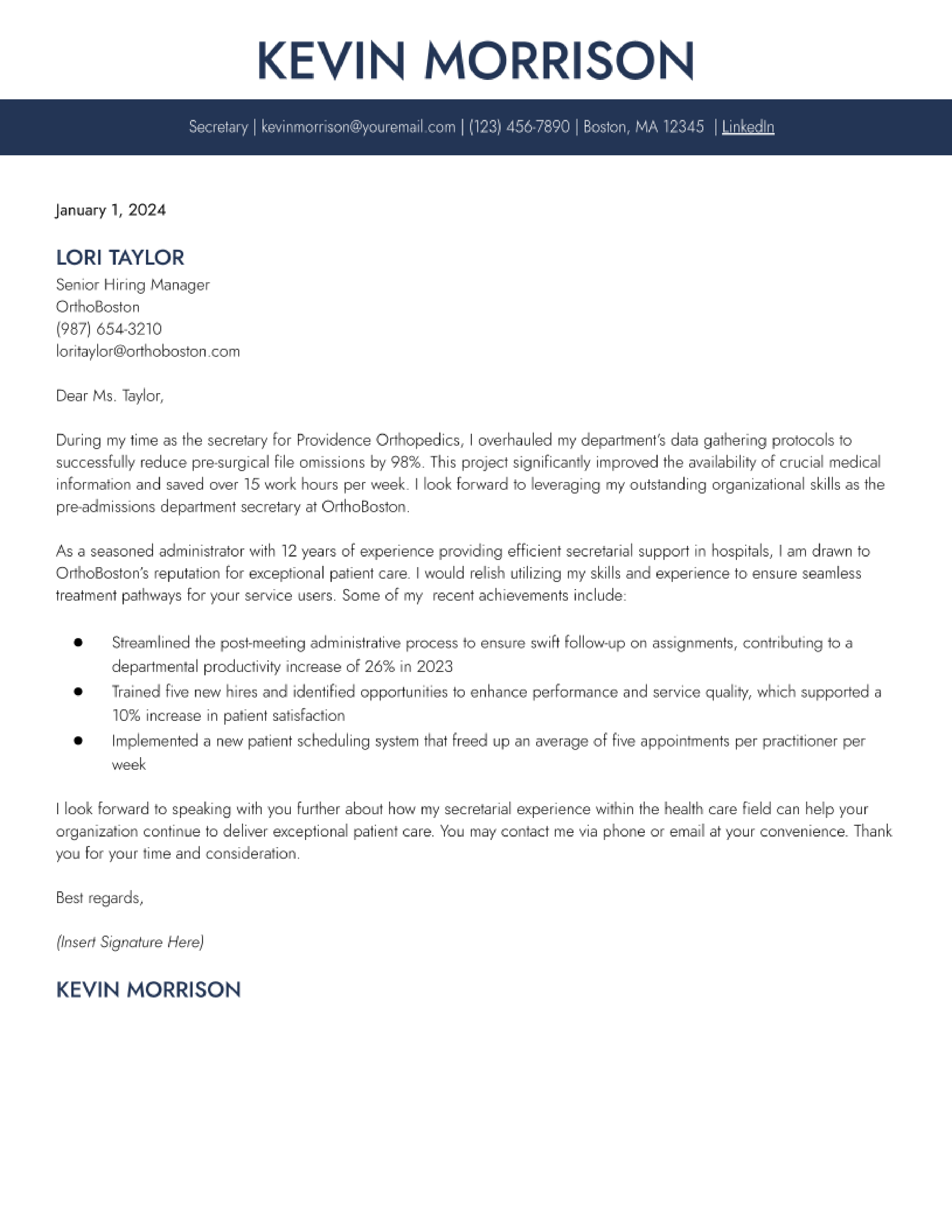 Secretary Cover Letter Examples and Templates for 2024 - ResumeBuilder.com