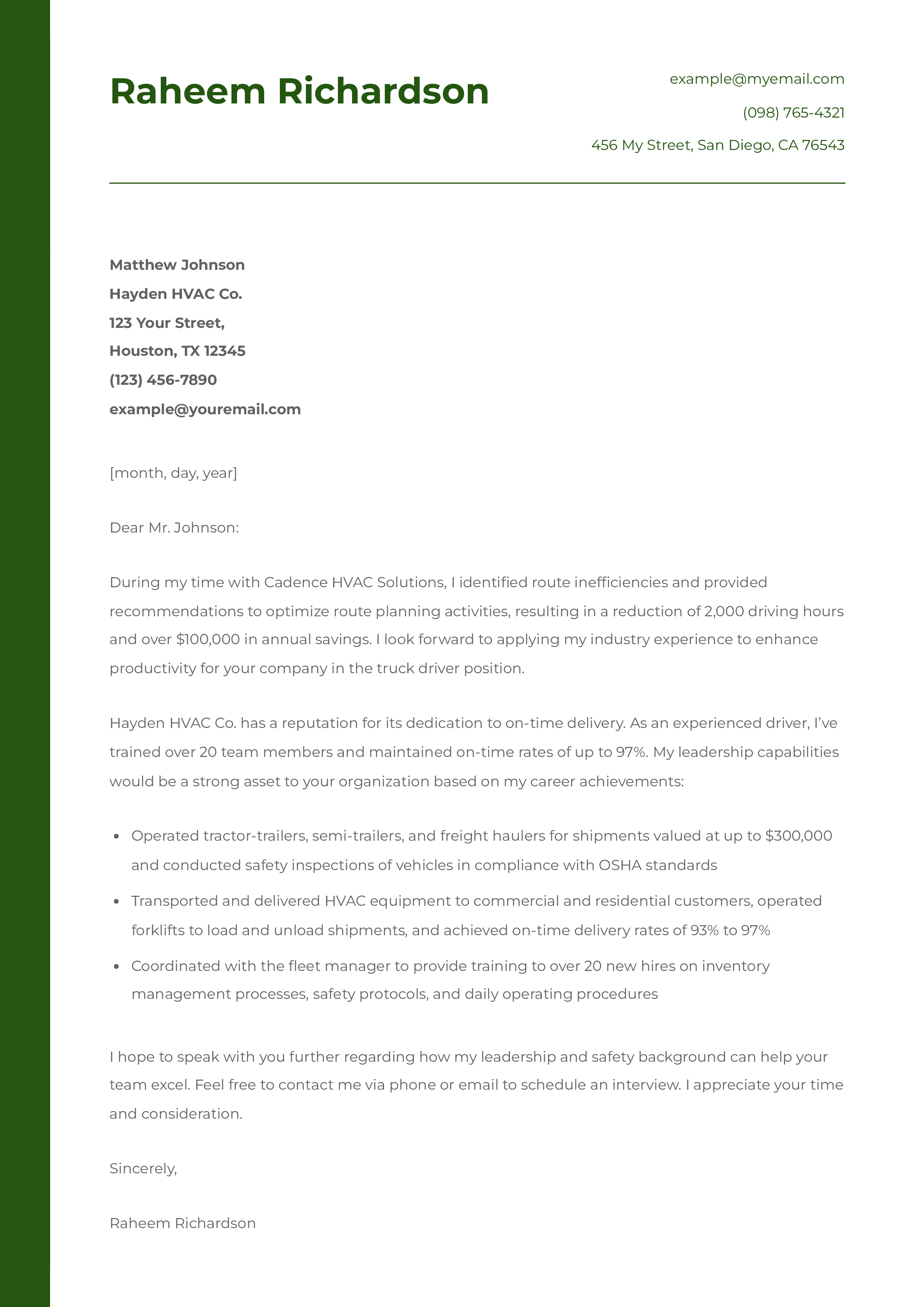 Truck Driver Cover Letter Examples and Templates for 2024 ...