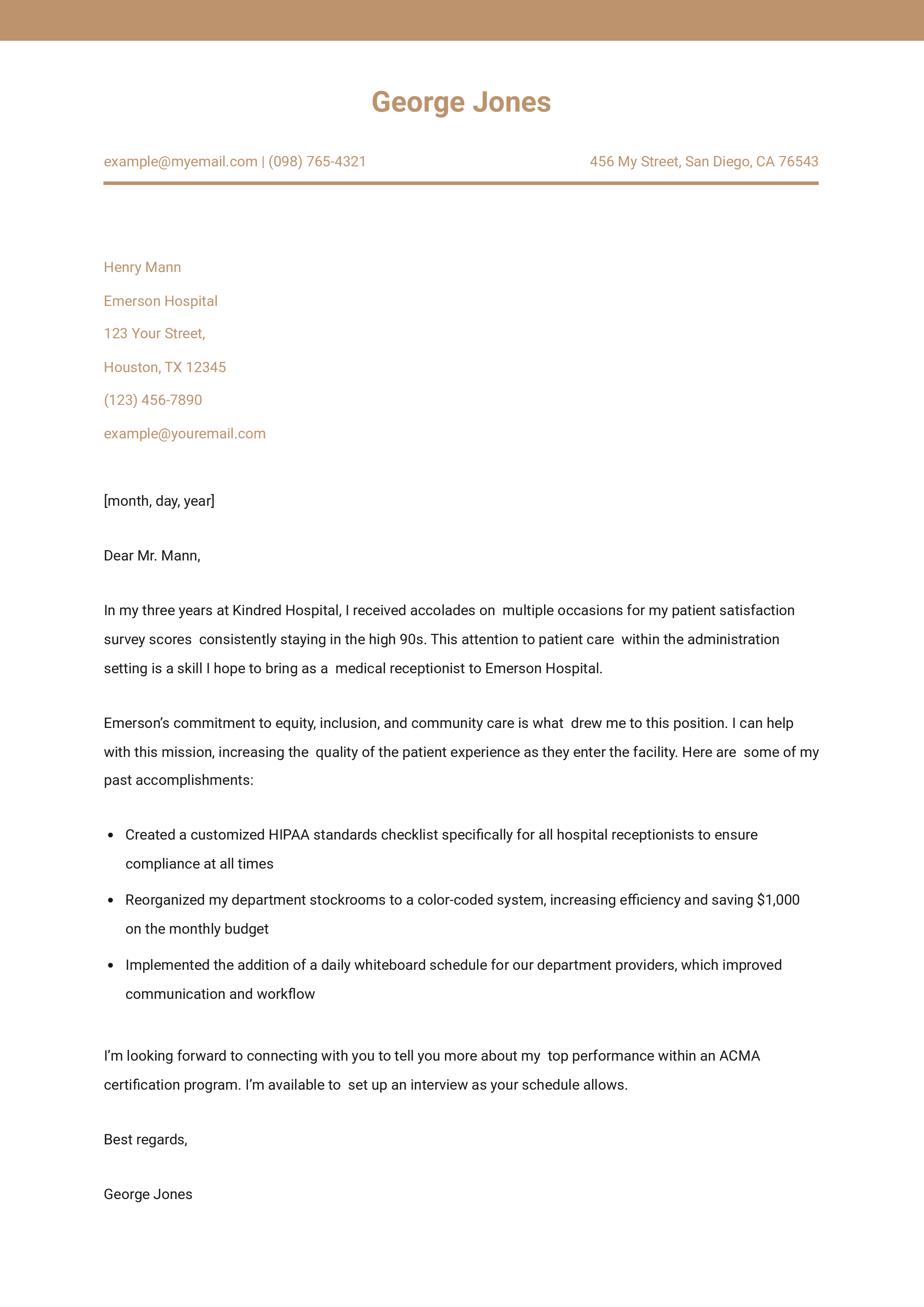 Medical Receptionist Cover Letter Examples and Templates for 2024 ...