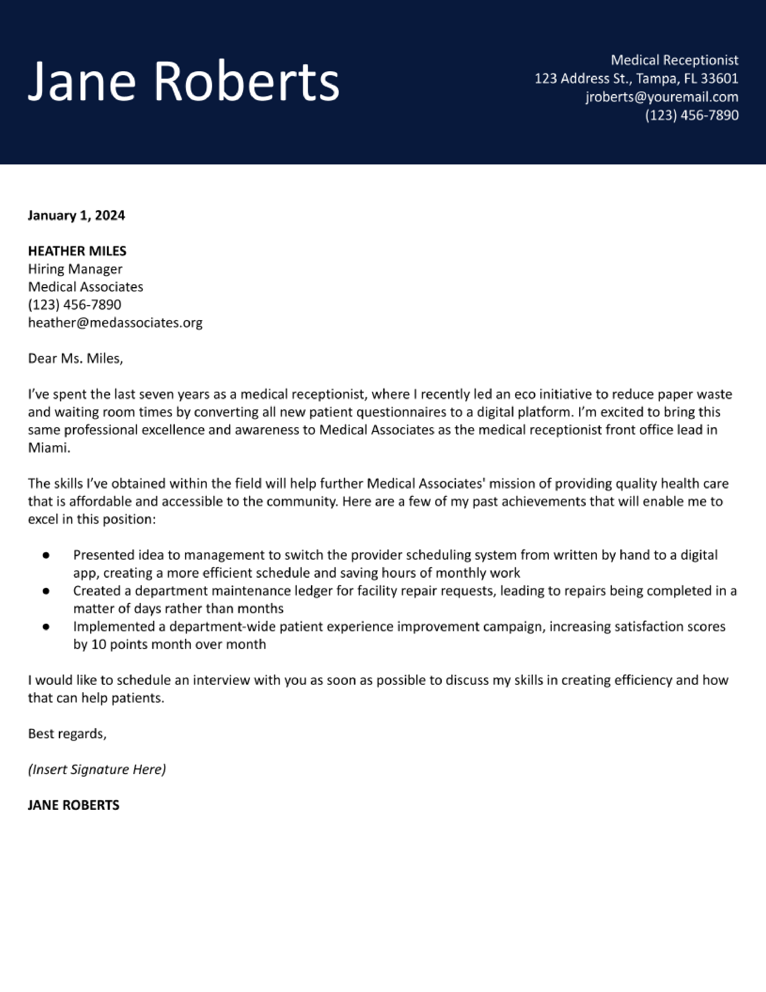 Medical Receptionist Cover Letter Examples and Templates for 2024 ...