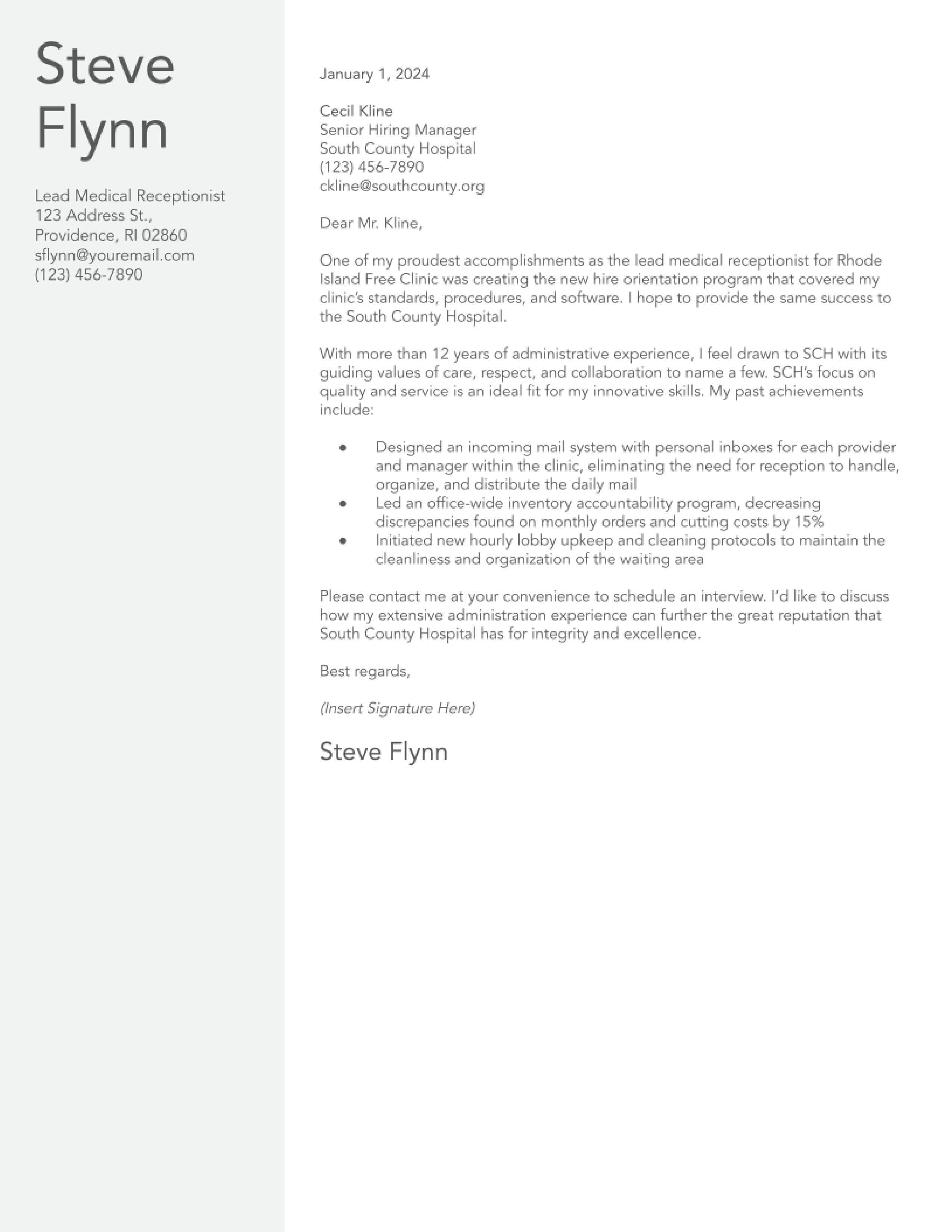 Medical Receptionist Cover Letter Examples and Templates for 2024 ...