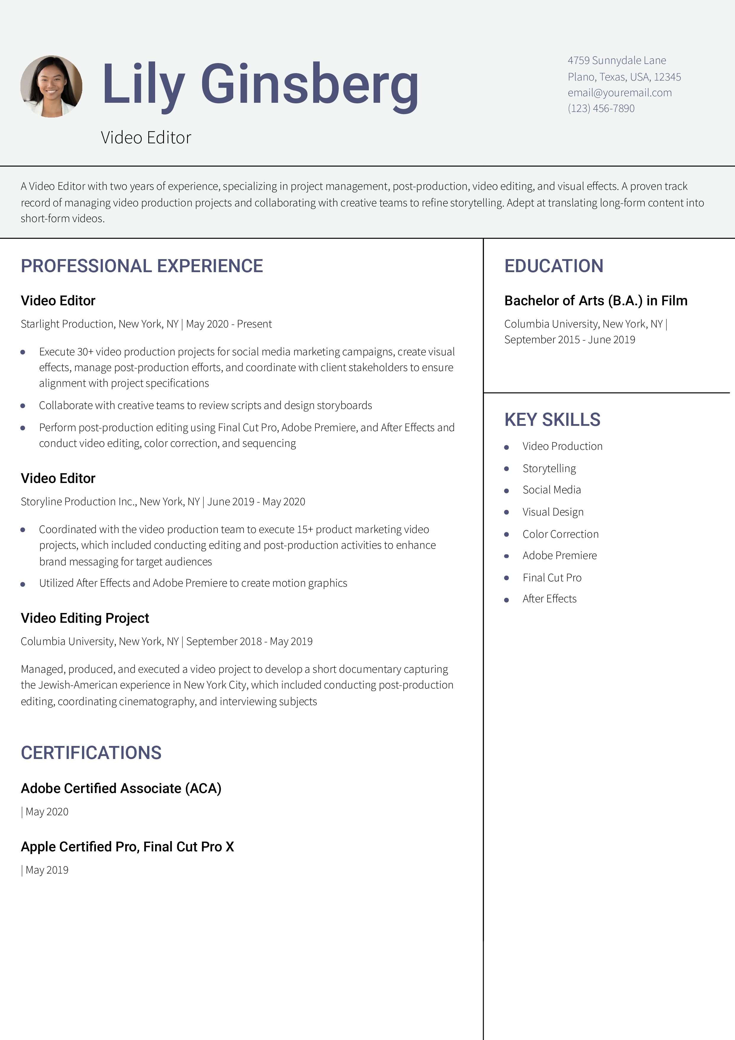 Video Editor Resume Examples and Templates for 2024 - ResumeBuilder.com