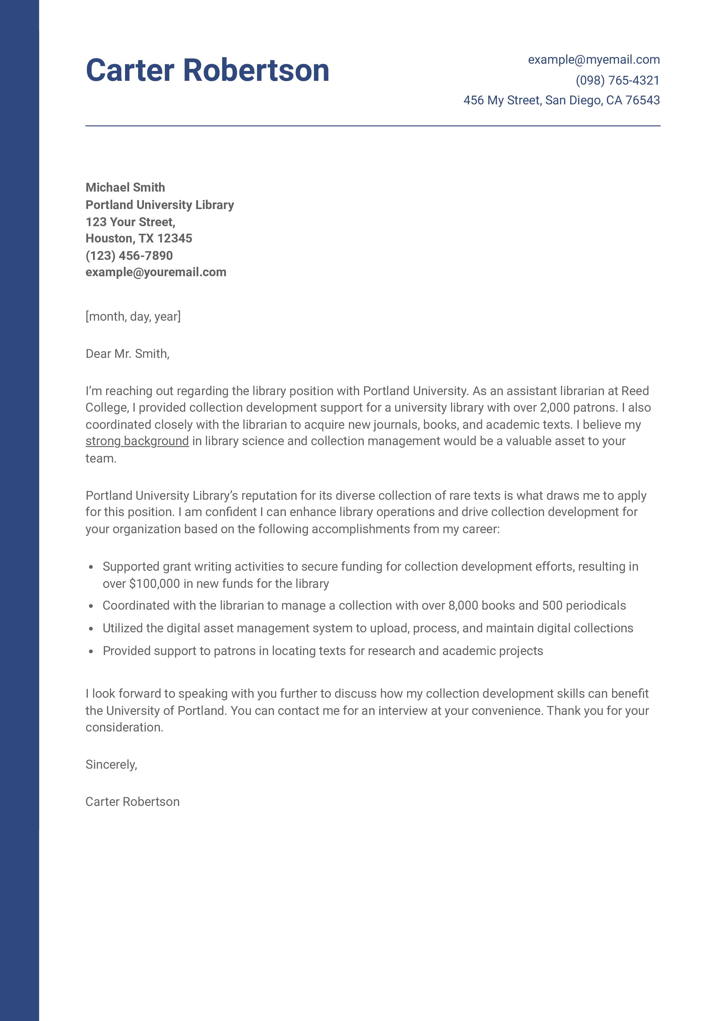 Librarian Cover Letter Examples and Templates for 2024 - ResumeBuilder.com