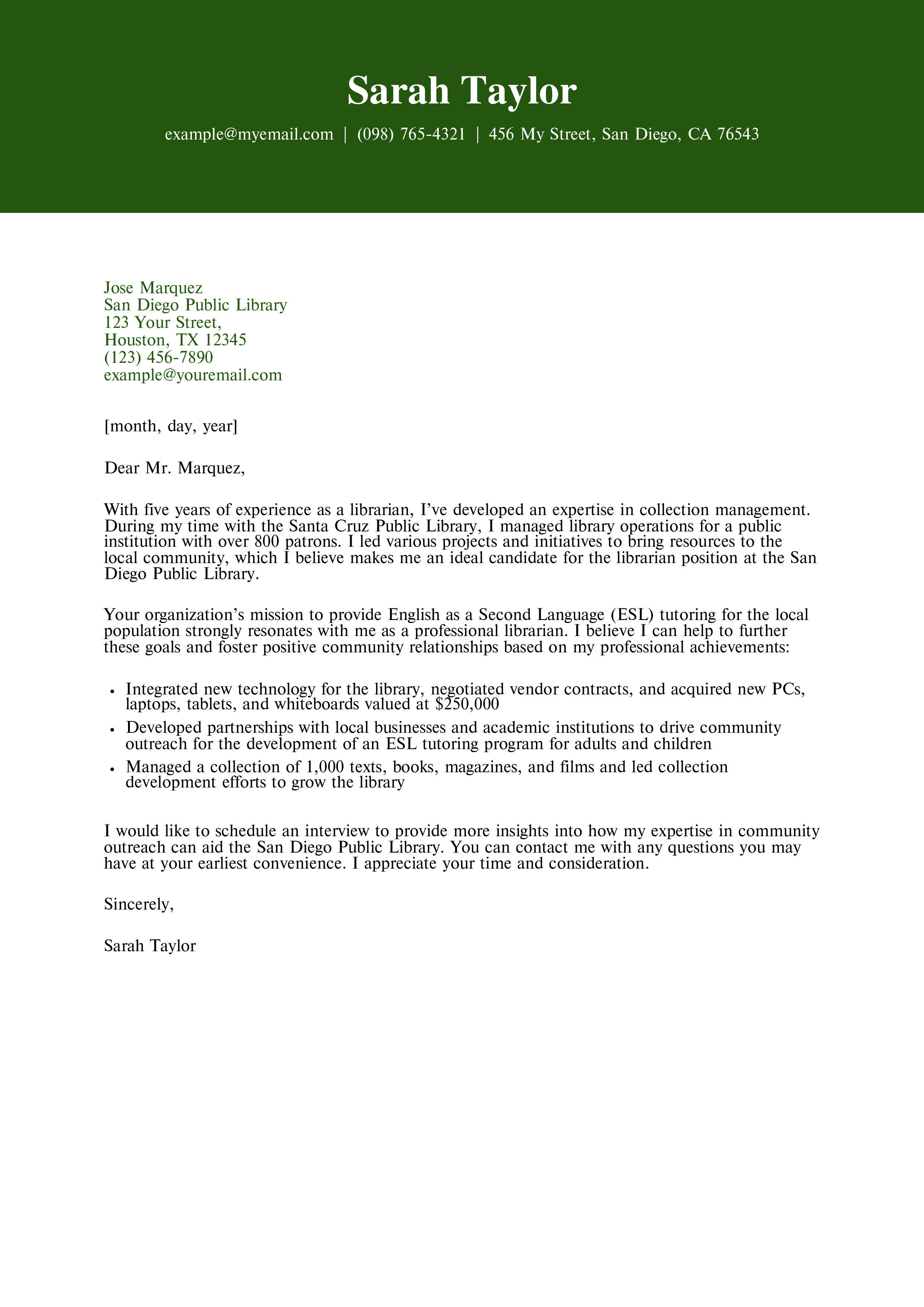 Librarian Cover Letter Examples and Templates for 2024 - ResumeBuilder.com