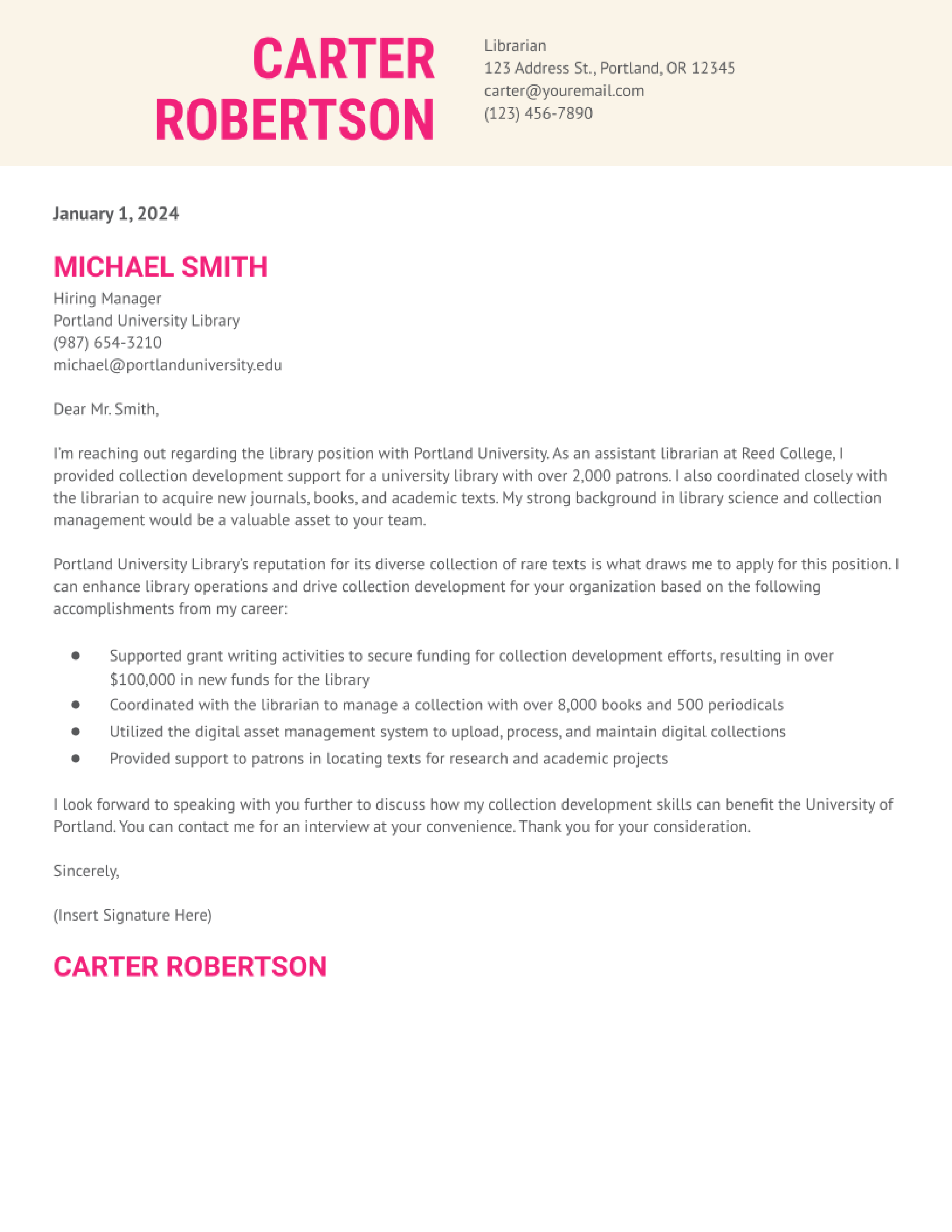 Librarian Cover Letter Examples and Templates for 2024 - ResumeBuilder.com