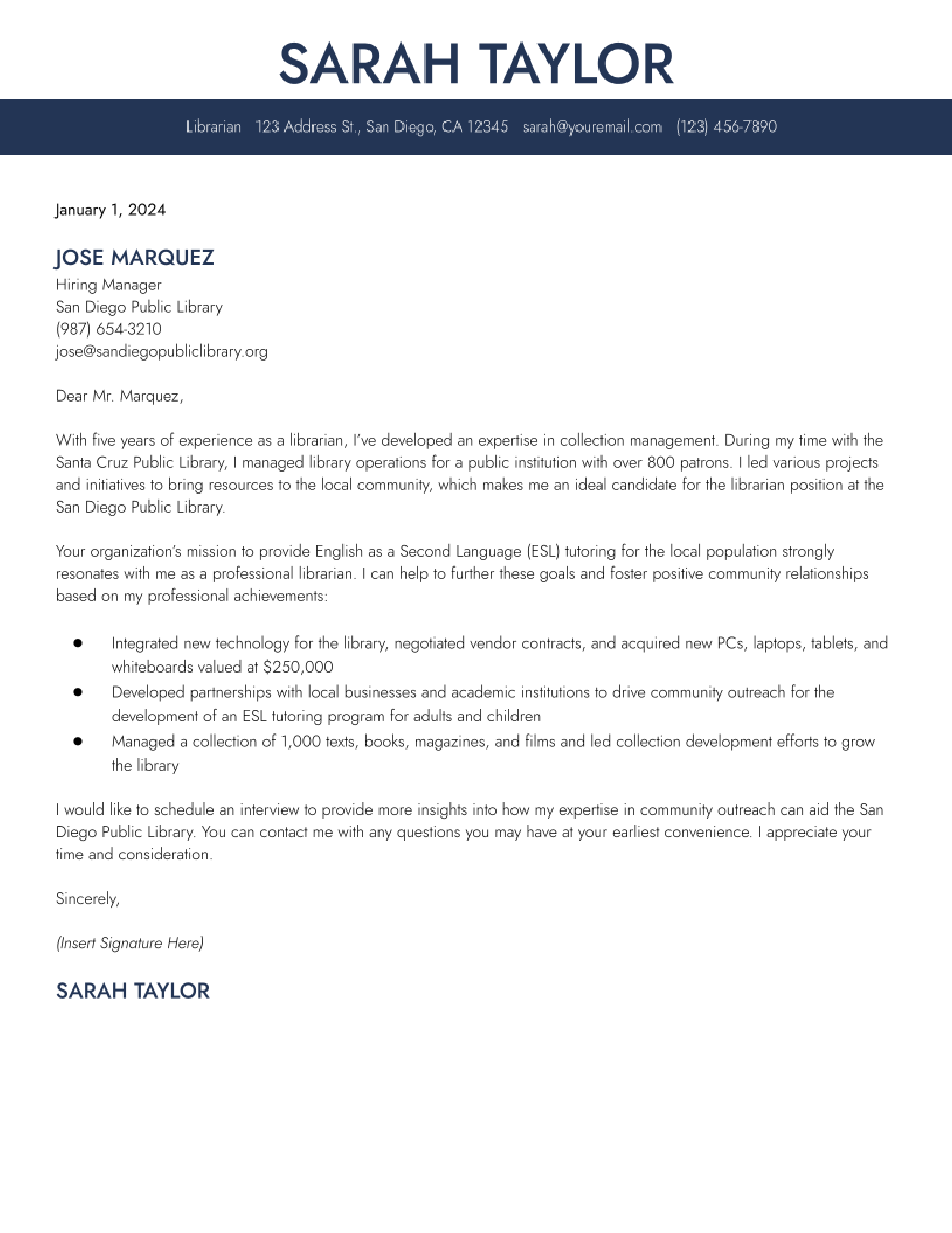 Librarian Cover Letter Examples and Templates for 2024 - ResumeBuilder.com