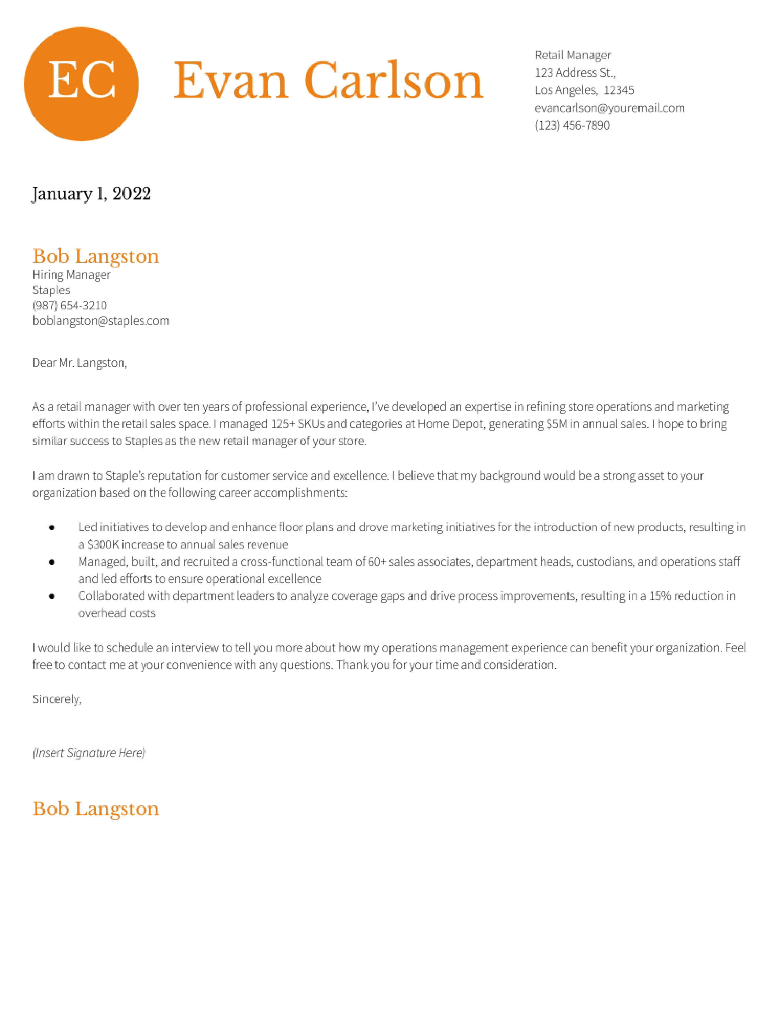Retail Management Cover Letter