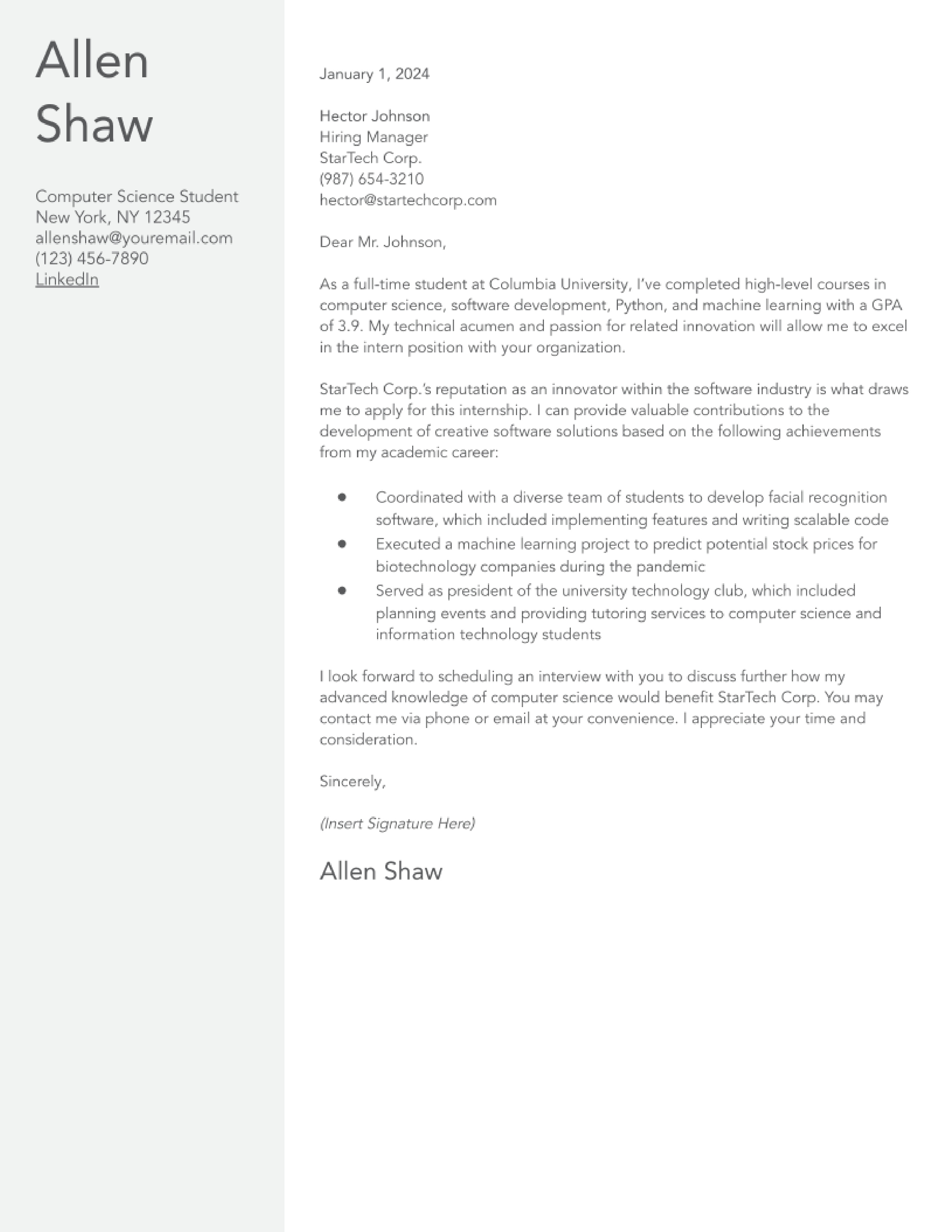 Computer Science Intern Cover Letter Examples and Templates for 2024 ...
