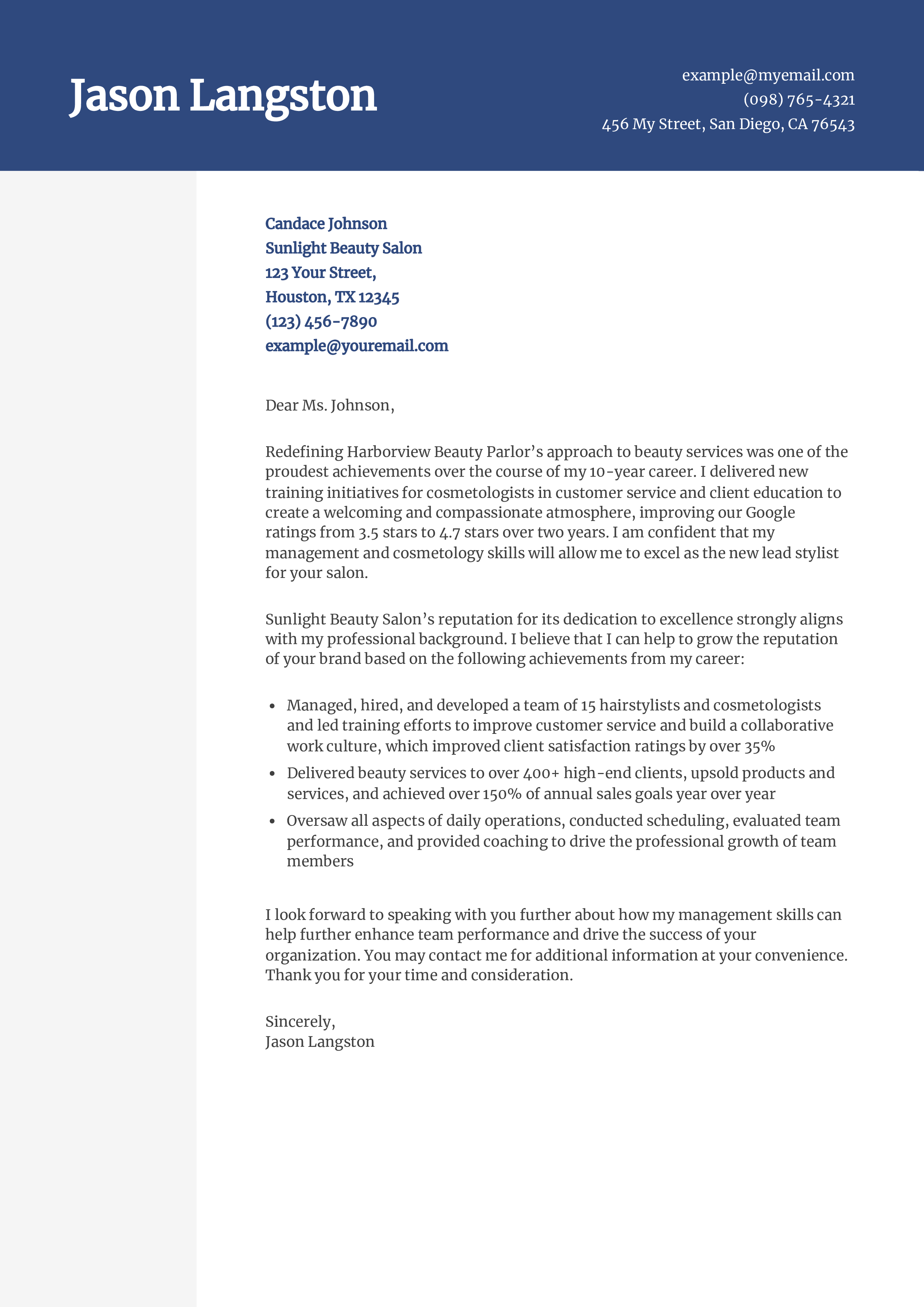 Cosmetologist Cover Letter Examples and Templates for 2024 ...