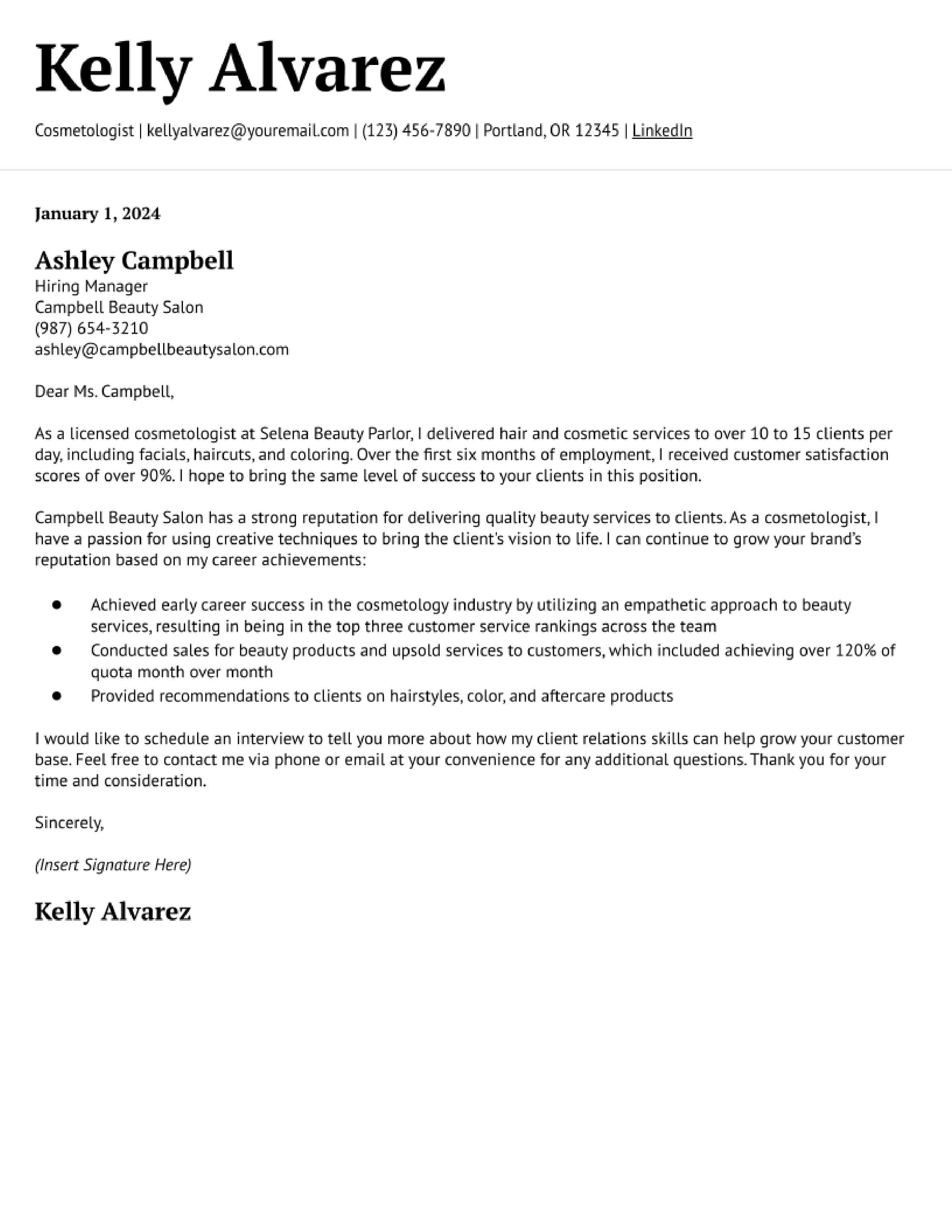Cosmetologist Cover Letter Examples and Templates for 2024 ...