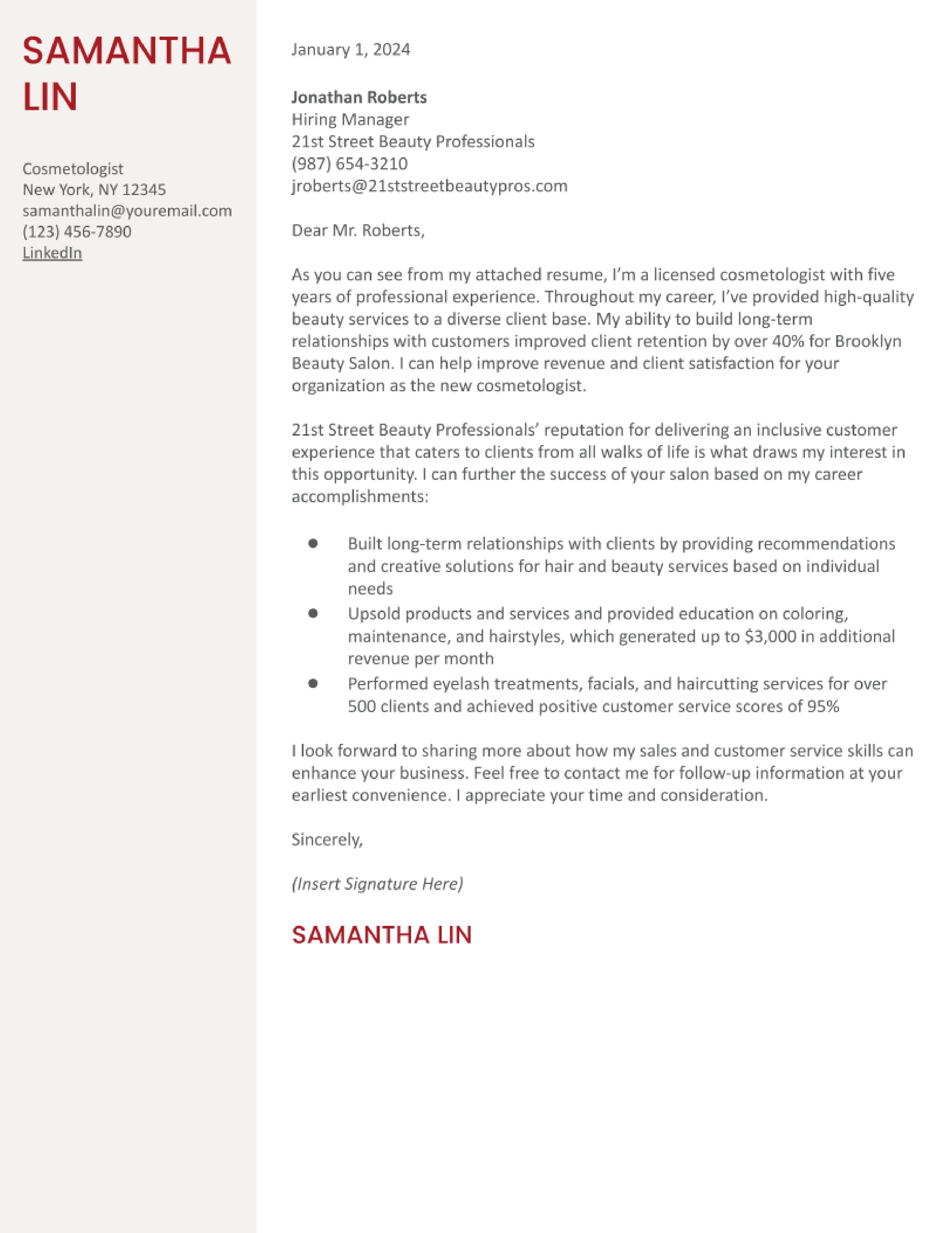 Cosmetologist Cover Letter Examples and Templates for 2024 ...