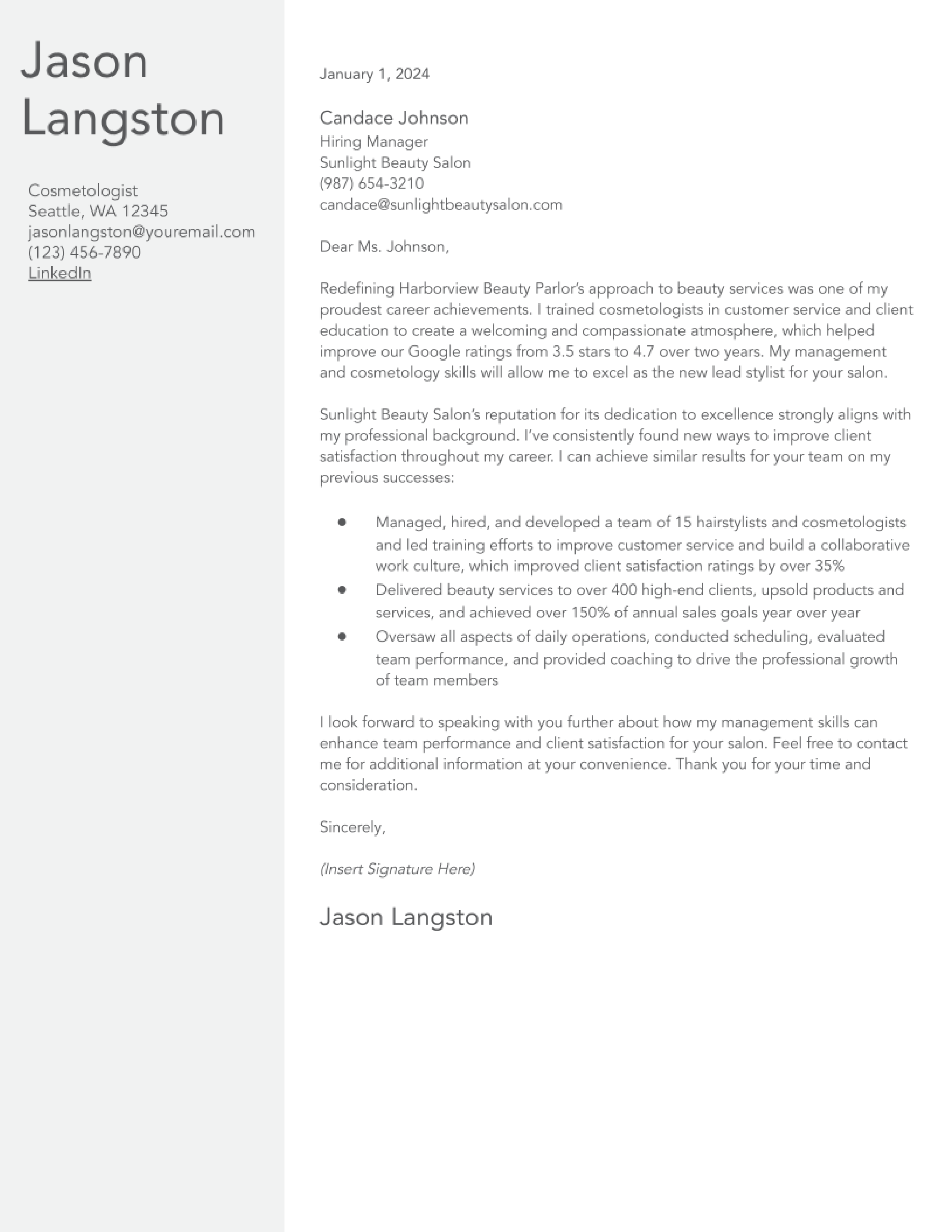 Cosmetologist Cover Letter Examples and Templates for 2024 ...