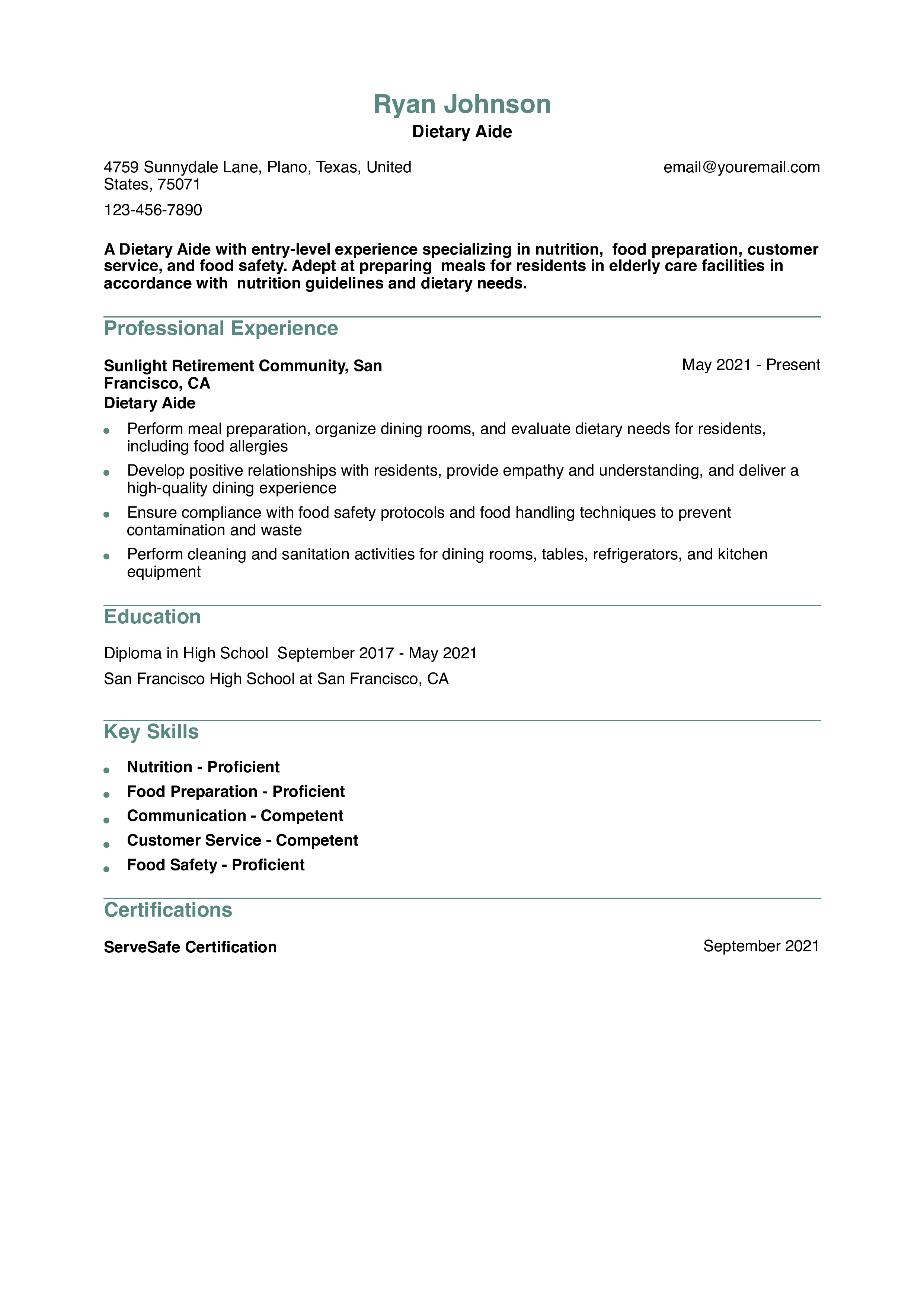 Dietary Aide Resume Examples and Templates for 2024 - ResumeBuilder.com