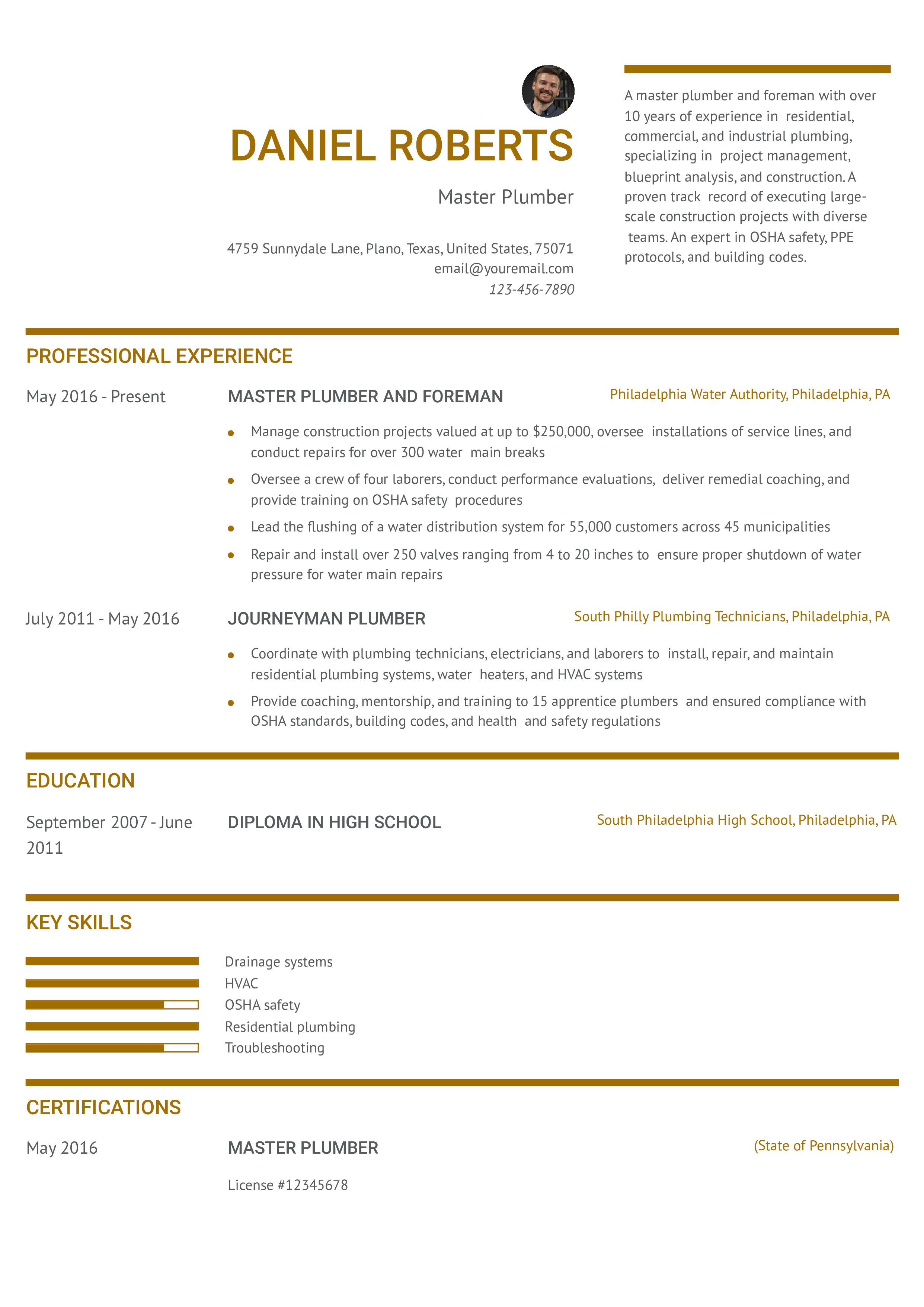 Plumber Resume Examples and Templates for 2024 - ResumeBuilder.com