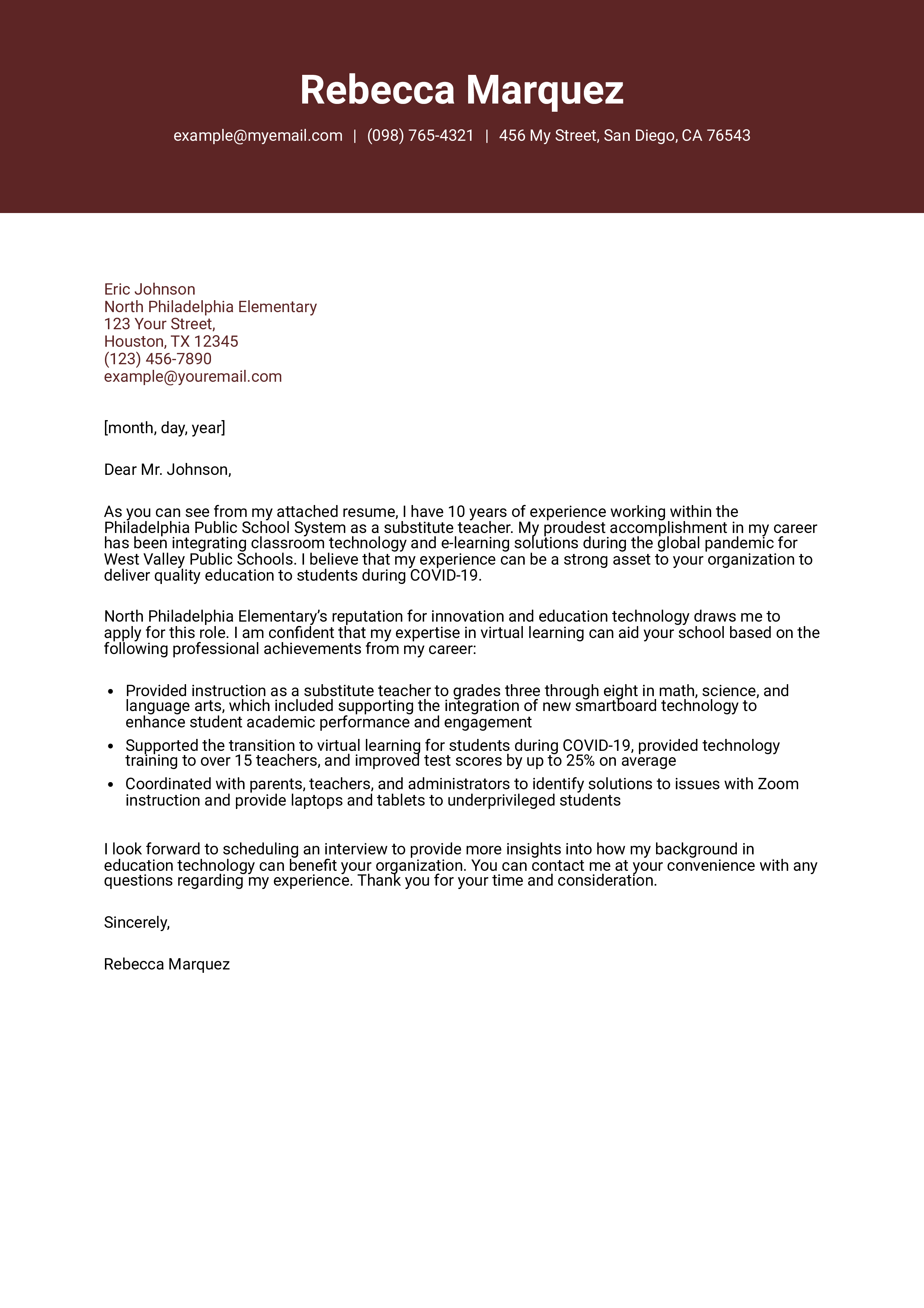 Substitute Teacher Cover Letter Examples and Templates for 2024 ...