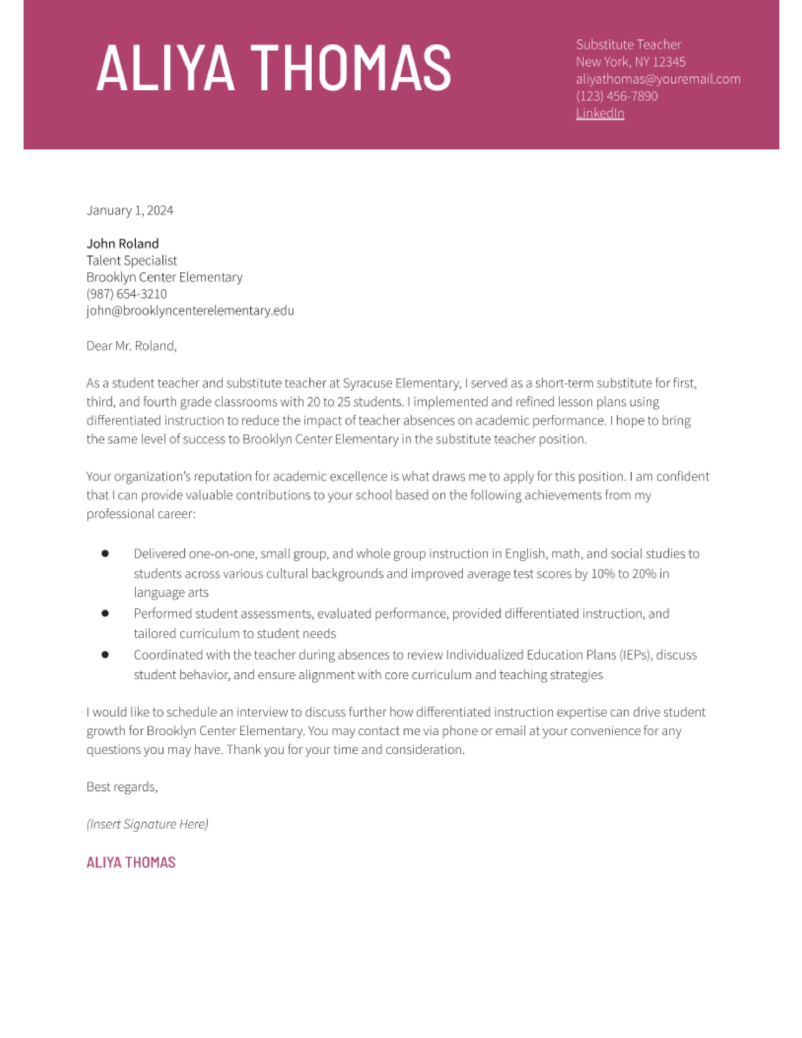 Substitute Teacher Cover Letter Examples and Templates for 2024 ...