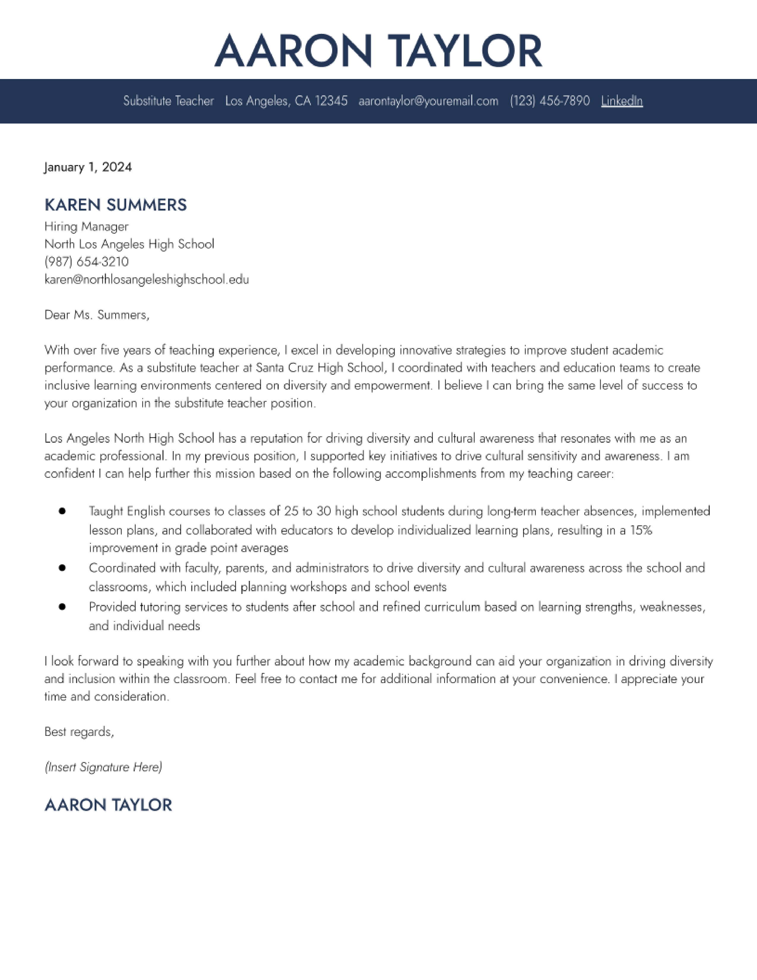 Substitute Teacher Cover Letter Examples and Templates for 2024 ...